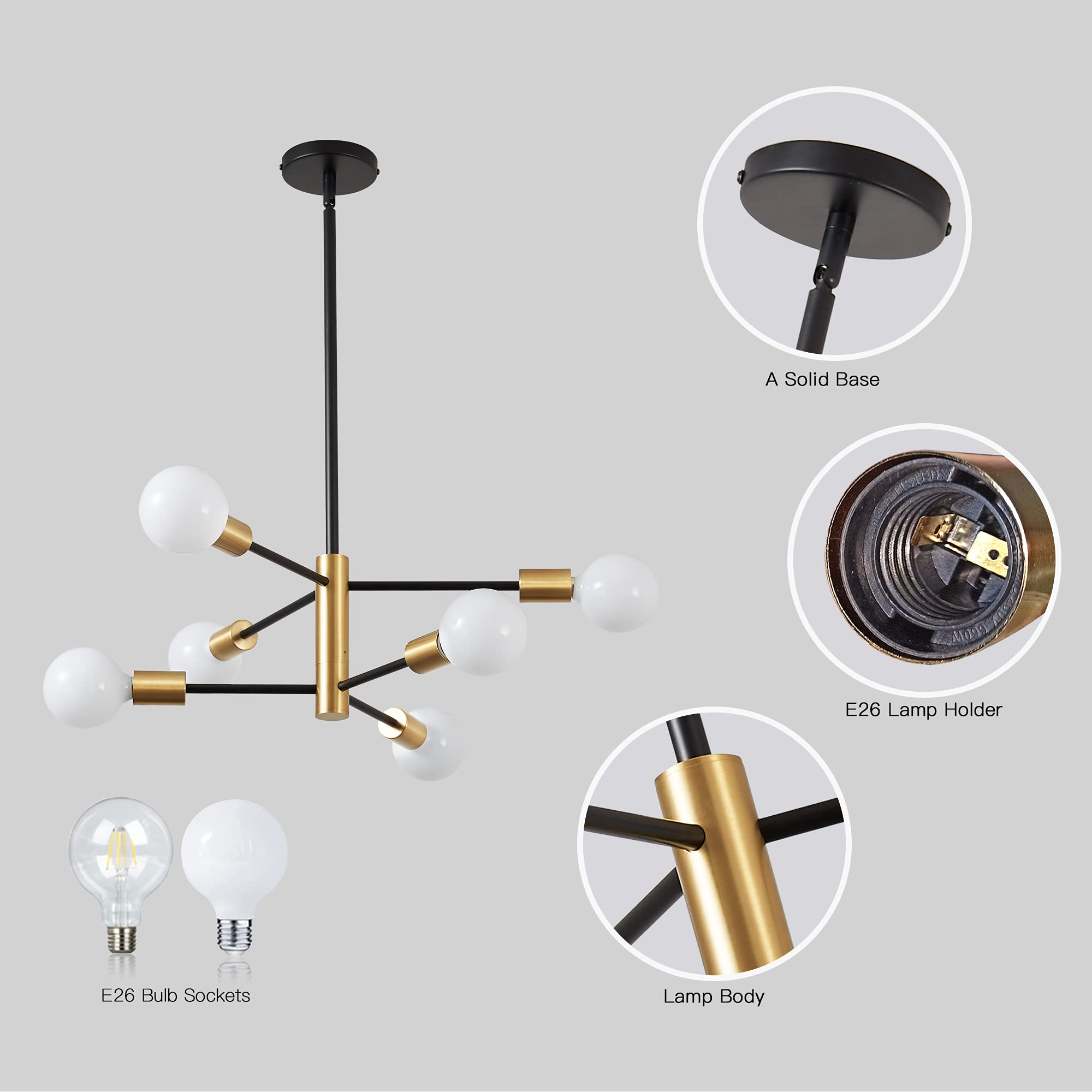 KAISITE Modern Sputnik Chandelier - 6 Light Chandelier Light Fixture Height Adjustable Mid Century Ceiling Chandelier Plating Finished Black and Gold Chandelier for Kitchen Bedroom and Foyer