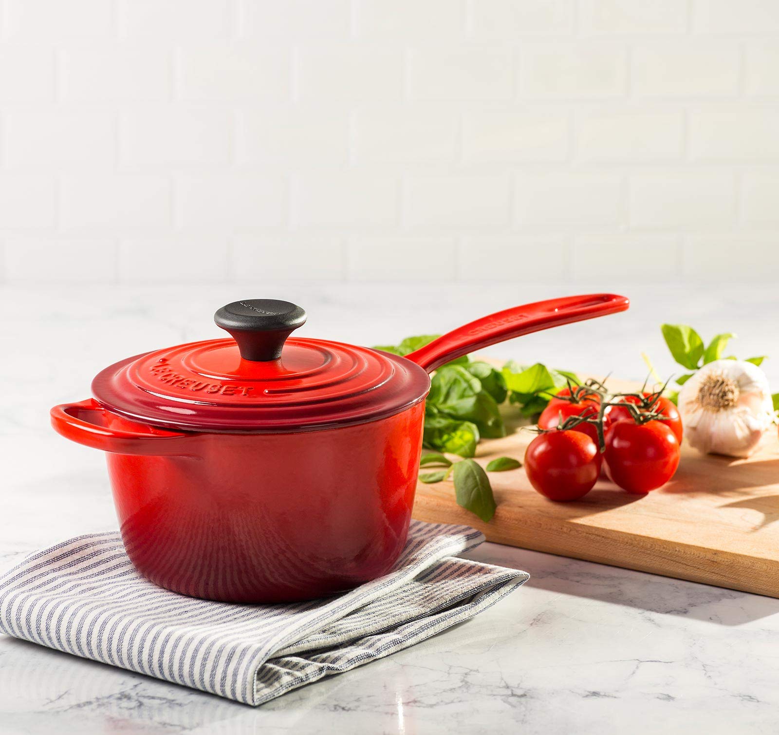 Le Creuset 8 Piece Multi-Purpose Enameled Cast Iron with SS Knobs, Stoneware, and Toughened Nonstick PRO Fry Pan Complete Cookware Set - Cerise