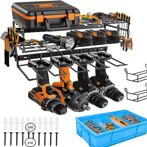 Yoabo Power Tool Organizer, Heavy Duty Floating Tools Shelf, Wall Mount Cordless Drill Hanger Holder, with Parts Sorting Box, Utility Storage Rack Shelving for Garage Organization, for Men