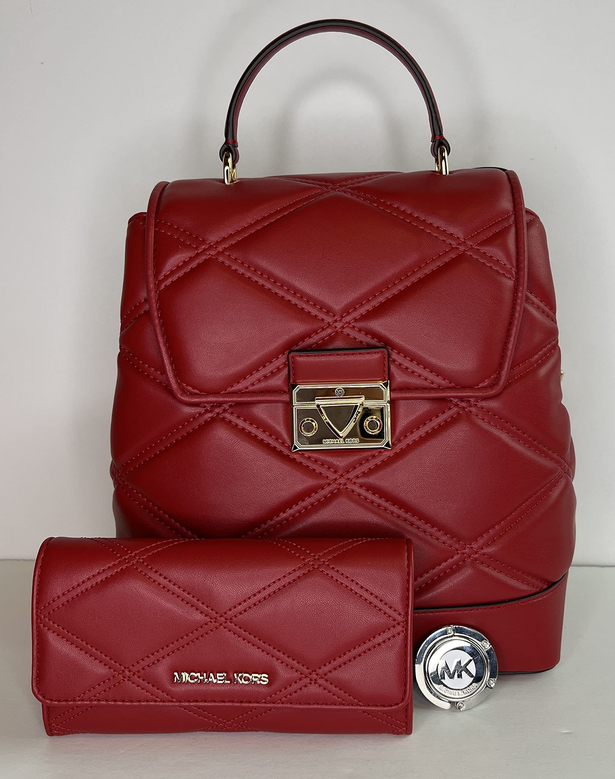 Michael Kors Serena MD Flap Backpack bundled with Trifold Wallet and Purse Hook (Chili)