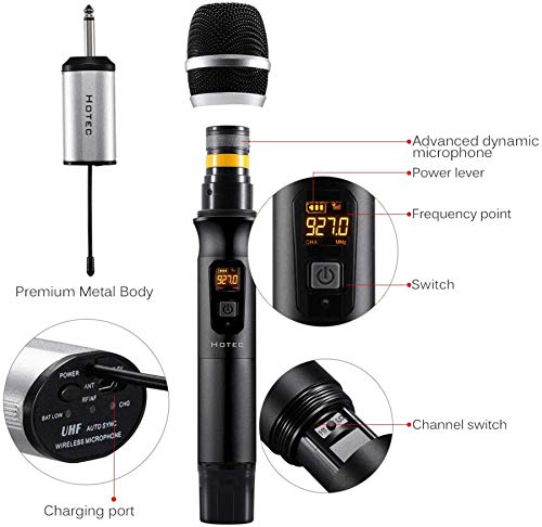 HOTEC 25 Channel UHF Handheld Wireless Microphone with Mini Portable Receiver 1/4" Output, for Church/Home Party/Karaoke/Business Meeting/Phone Recording (Black)