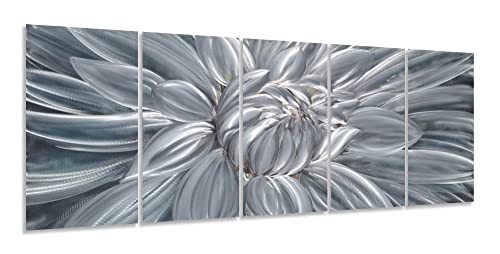 Yihui Arts Silver Metal Flower Wall Art, 5 Pieces Aluminum Artwork, Contemporary Botanical Sculpture for Living Room Bedroom Bathroom Decor