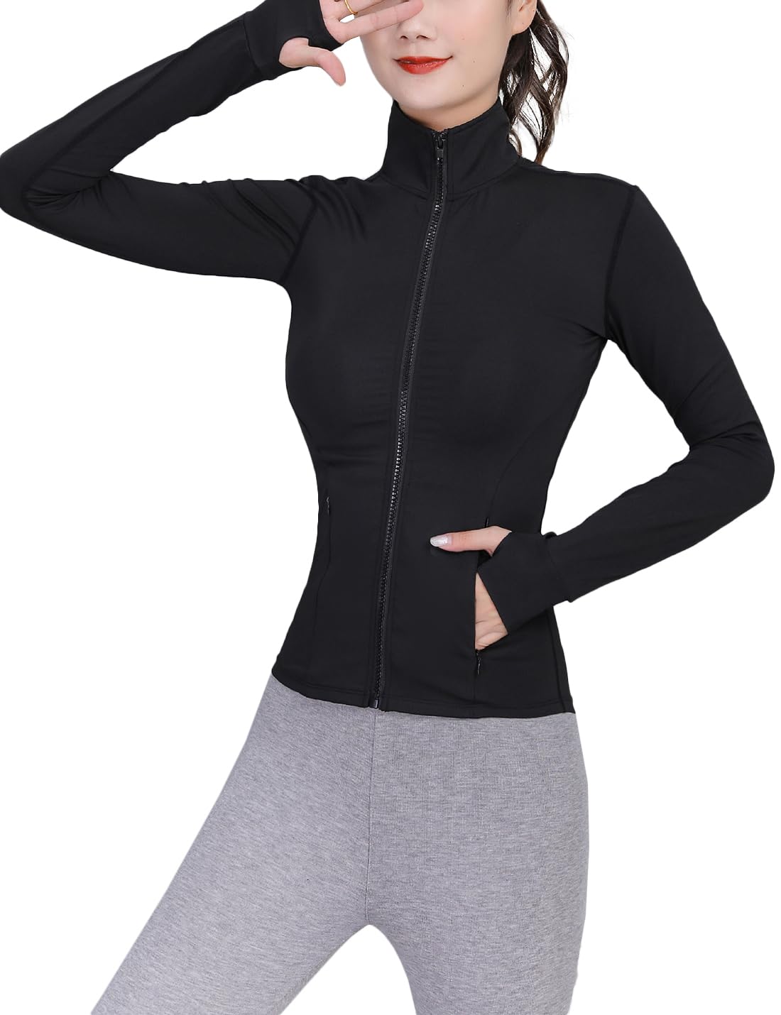 Lviefent Womens Lightweight Full Zip Running Track Jacket Workout Slim Fit Yoga Sportwear with Thumb Holes (Z-Black, Medium)