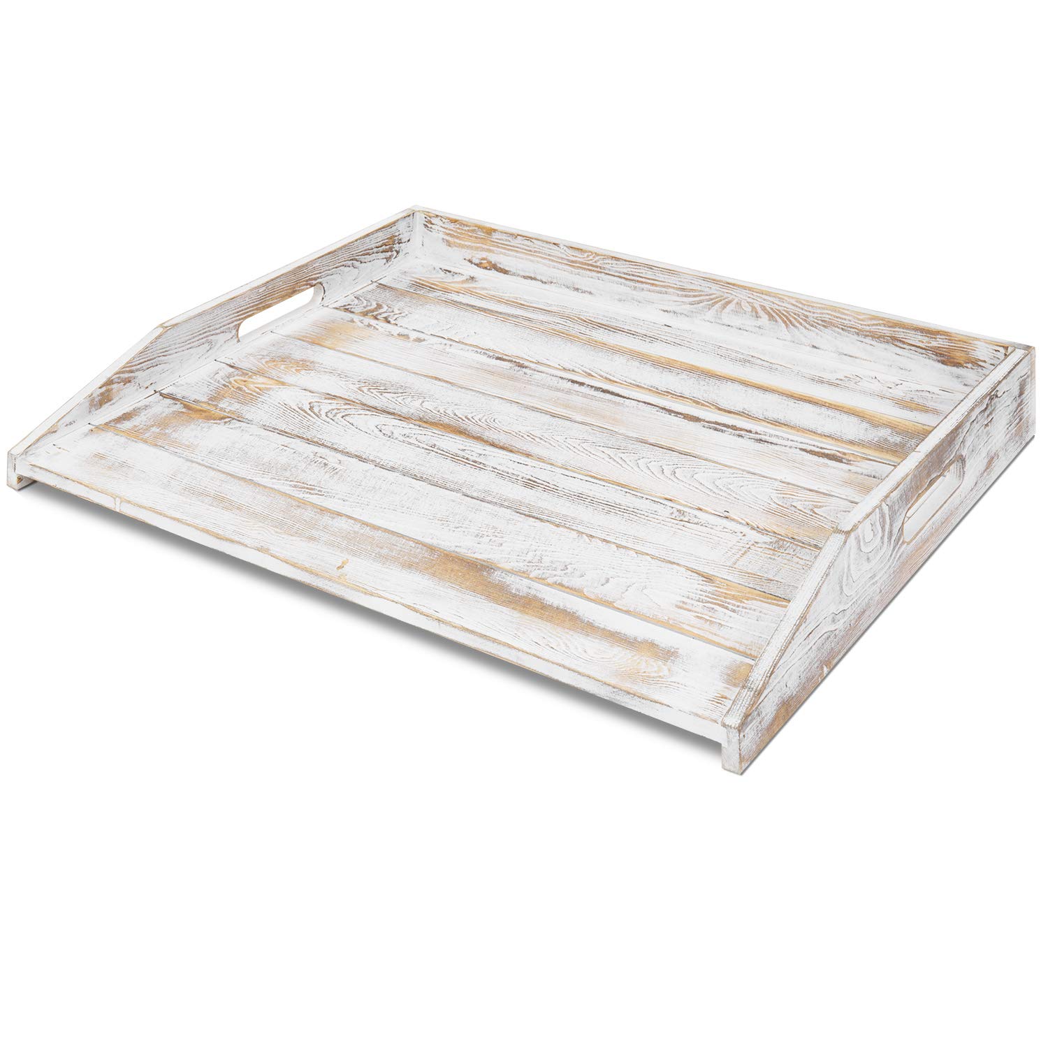 MyGift 30 Inch Extra Large Noodle Board, Shabby White Washed Solid Wood Stove Top Cover with Cutout Handles, Decorative Oversized Kitchen Countertop Serving Tray
