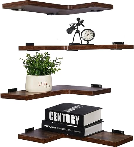 YYWUOJJ Corner Shelf Wall Mount, Corner Floating Shelves for Wall Decor Storage, Corner Bookshelf for Bedroom Living Room Bathroom Kitchen, Set of 4 Brown Heavy Duty