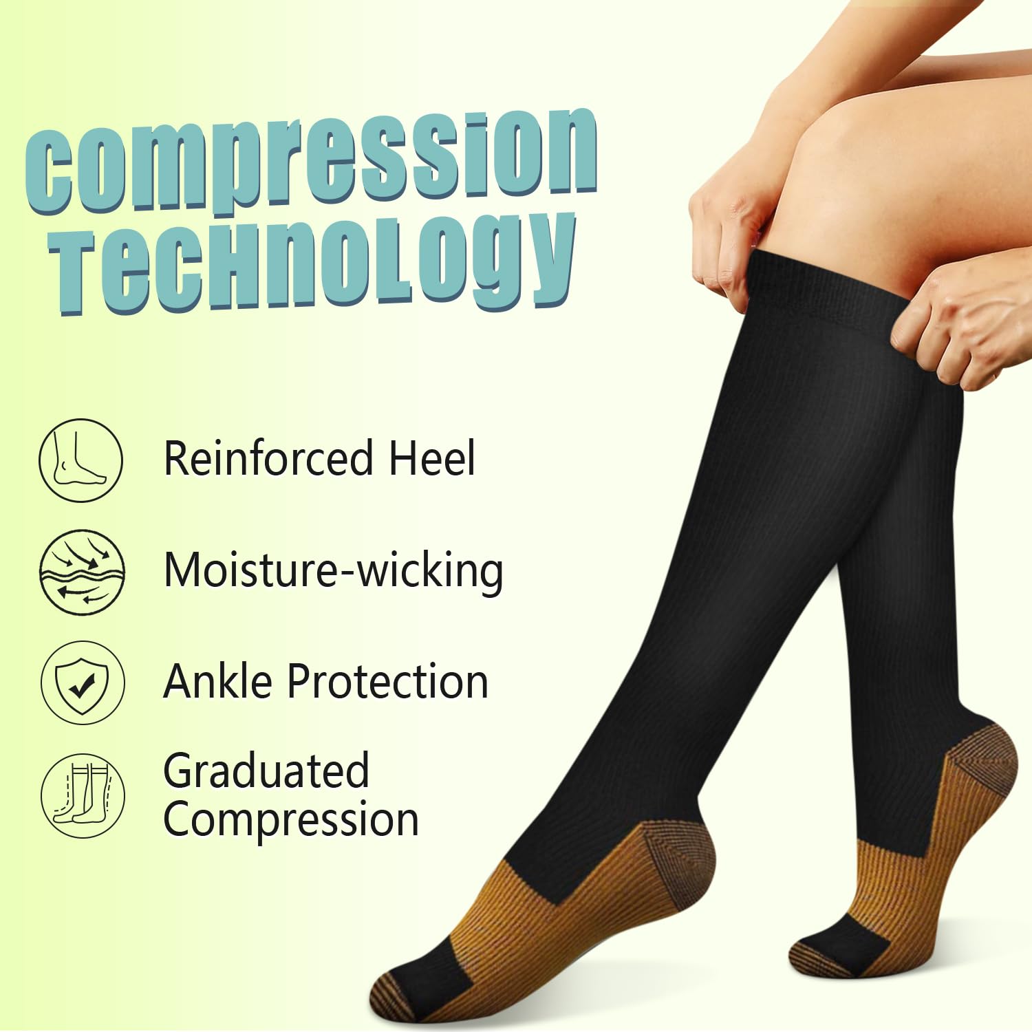 Iseasoo Copper Knee High Compression Socks For Men & Women - Best For Running,Athletic,Medical,Pregnancy and Travel -15-20mmHg (L/XL, Black)