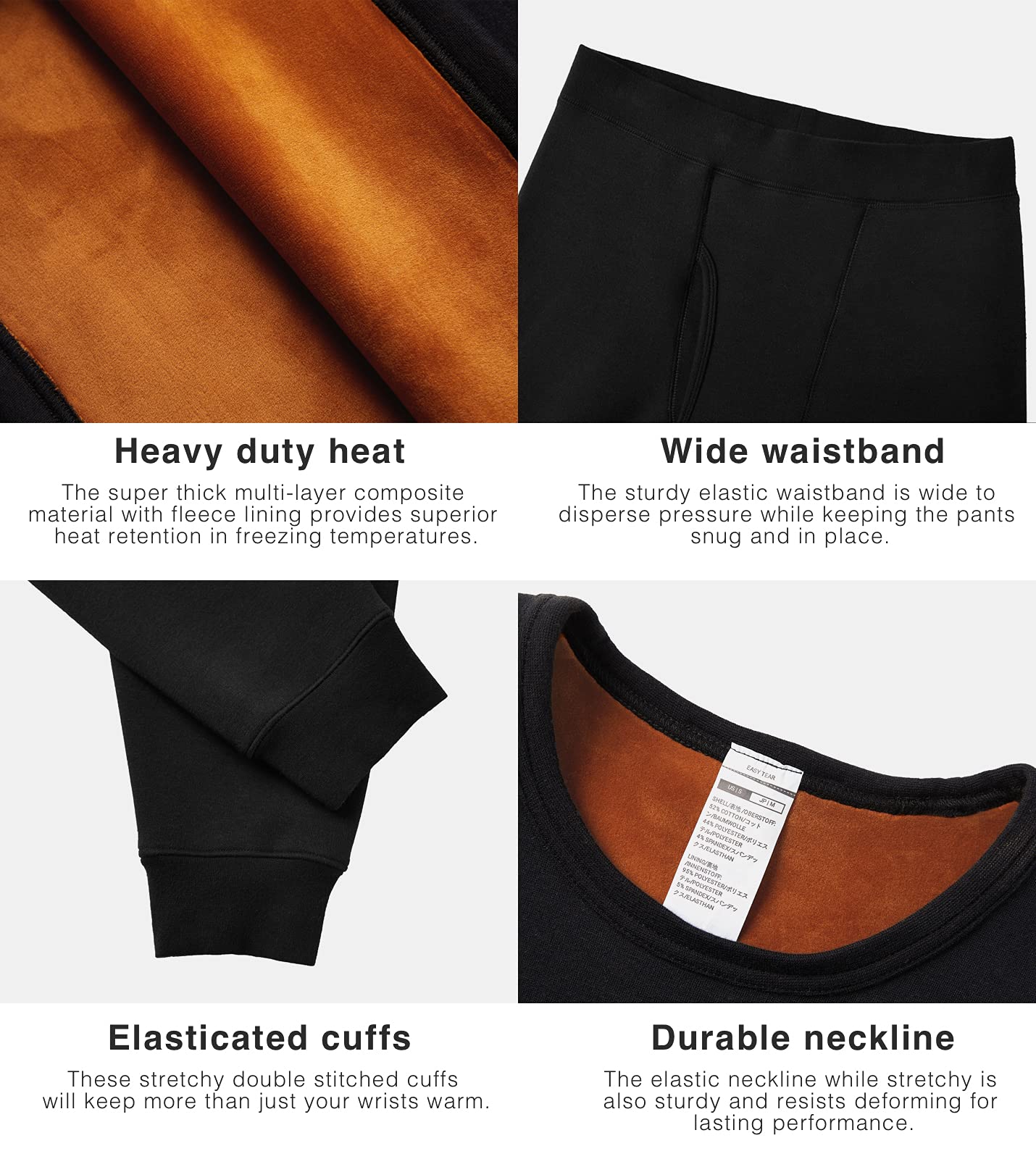LAPASA Men's Ultra Heavyweight Thermal Underwear Set Extreme Cold Weather Base Layer Top Bottom Fleece Lined Long Johns M63 Large Black