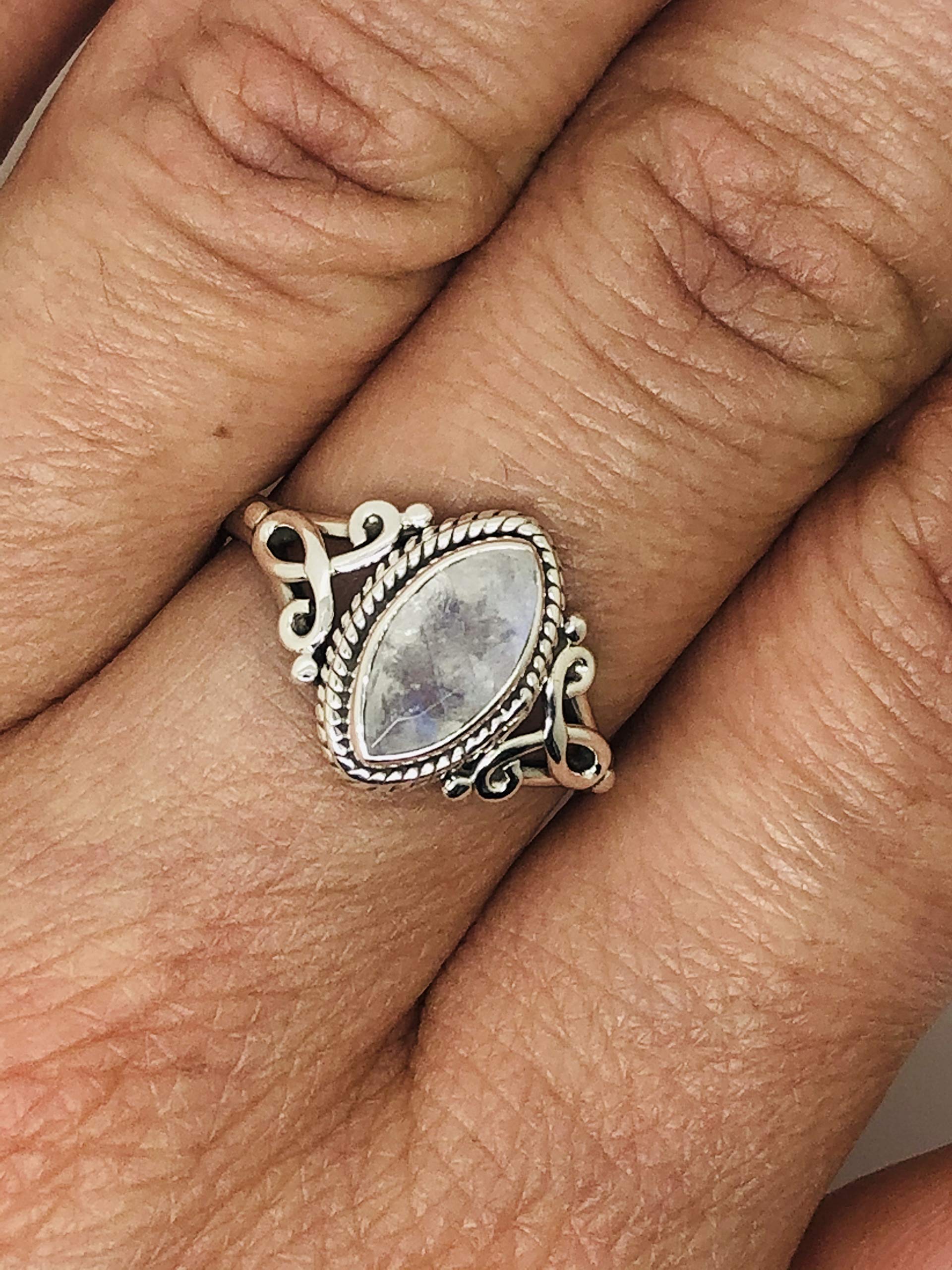 Koral Jewelry Cut Marquise Moonstone Ethnic Delicate Ring 925 Sterling Silver Vintage Tribal Gipsy Boho Look (7)