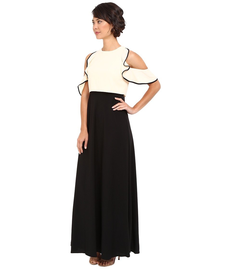 Jill Jill Stuart Women's Ruffle Pop Over Gown, Bisque/Black, 2