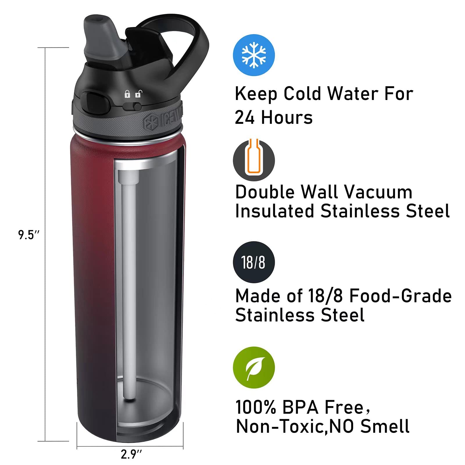 ICEWATER-24 oz, Insulated Water Bottle With Straw and Carry Handle, Leakproof Lockable Lid with Soft Silicone Spout, One-hand Operation, Double Walled Vacuum Stainless Steel (24 oz, Dark Rainbow)