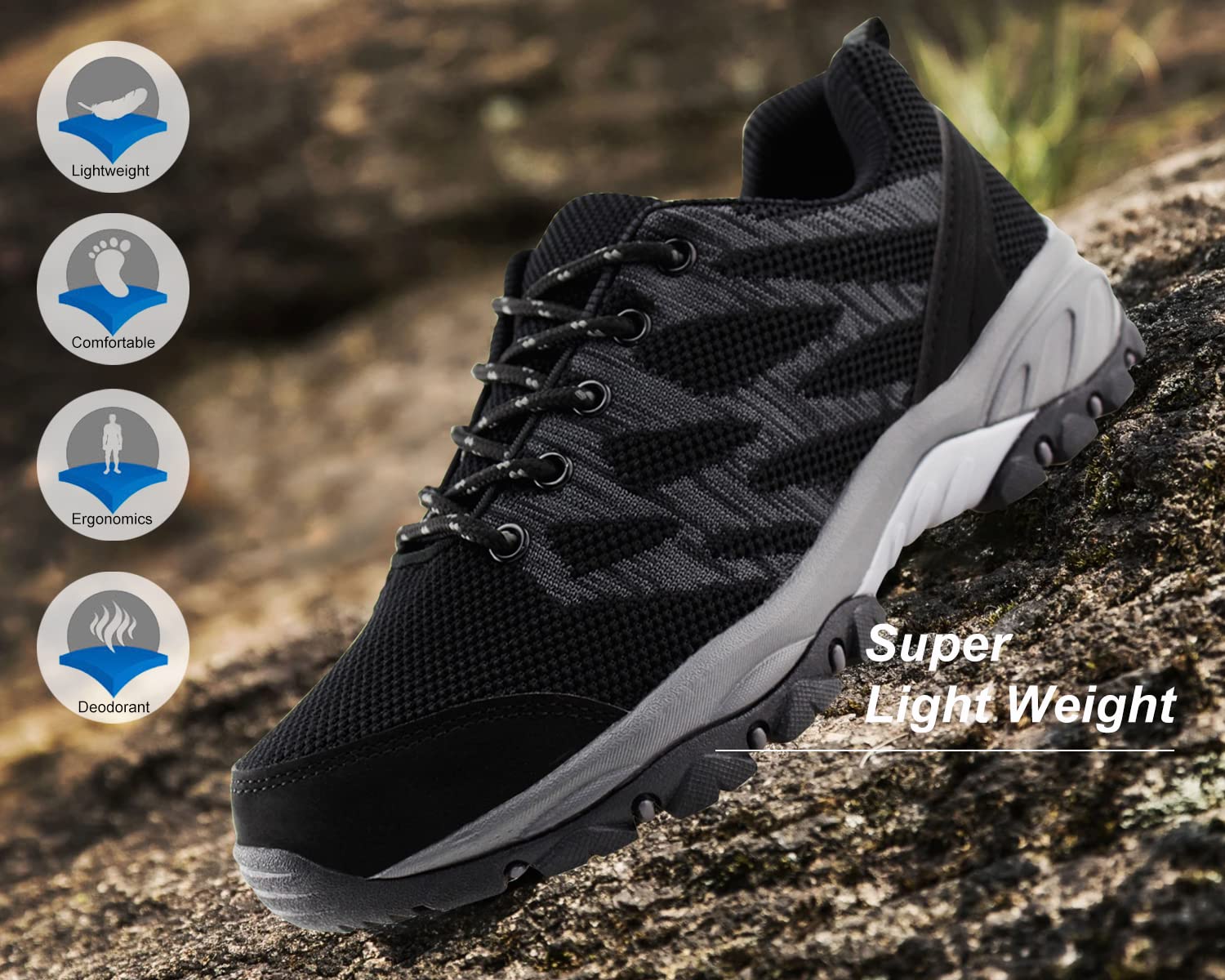 JABASIC Women Outdoor Hiking Shoes Lightweight Knit Sneakers (7,Black/Grey-1)