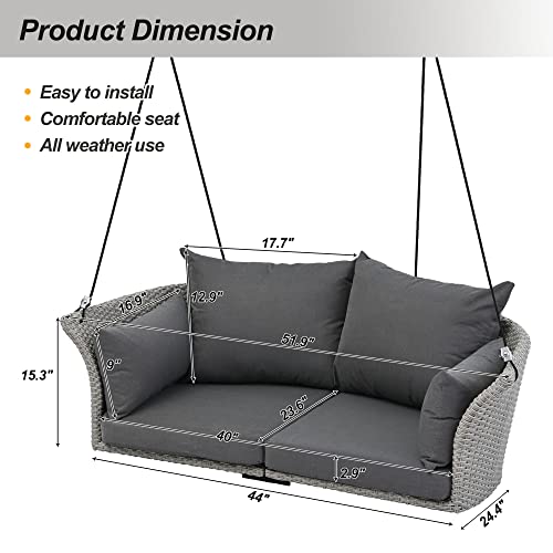 Wicker Porch Swing 2-Person Rattan Hanging Swing Bench Woven Outdoor Swing Chair with Adjustable Ropes & Cushions, for Patio Backyard Poolside Garden, Gray Wicker