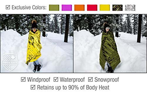 Swiss Safe Emergency Blankets for Survival Kit - Mylar Thermal Blankets - NASA-Designed Body Warmer for Camping, Hiking & Outdoor Activities, Bug Out Bag - 4 Pack w/Bonus Gold Foil Space Blanket Fit