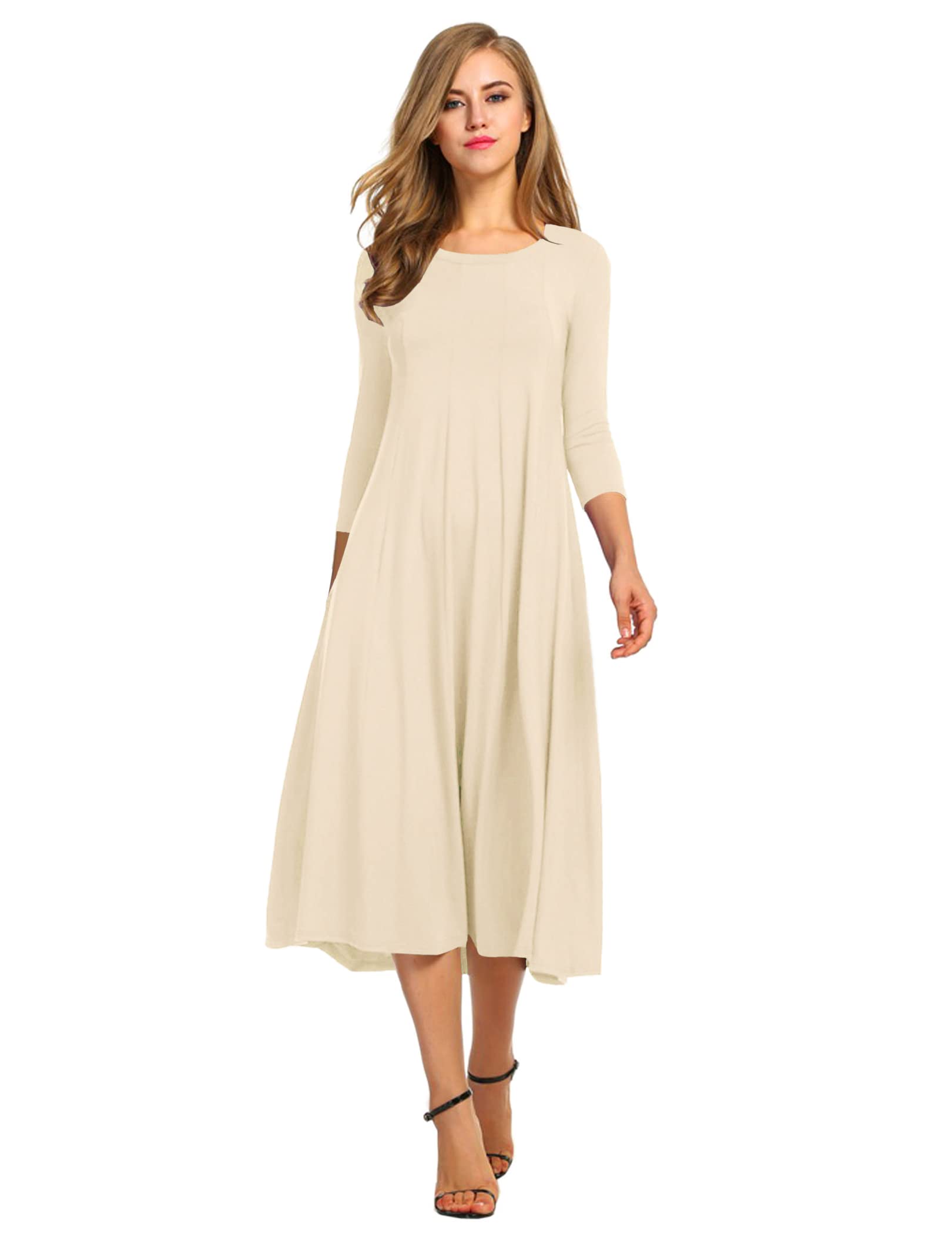 HOTOUCH Women's Casual Plain 3/4 Sleeve Simple Tshirt Loose Midi Dress (Beige S)