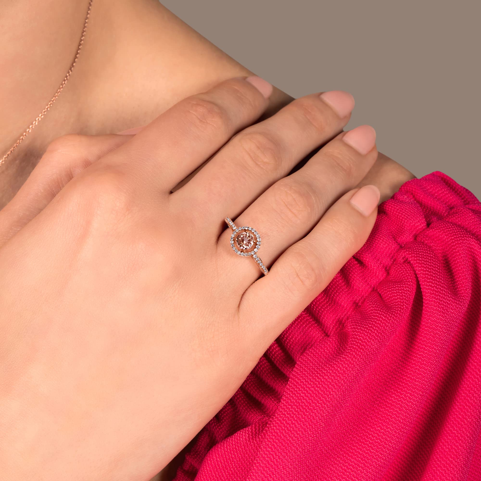 Jewelili 10K Rose Gold 5 MM Round Morganite and 1/6 Cttw Natural White Round Diamond Halo Ring, Size 7