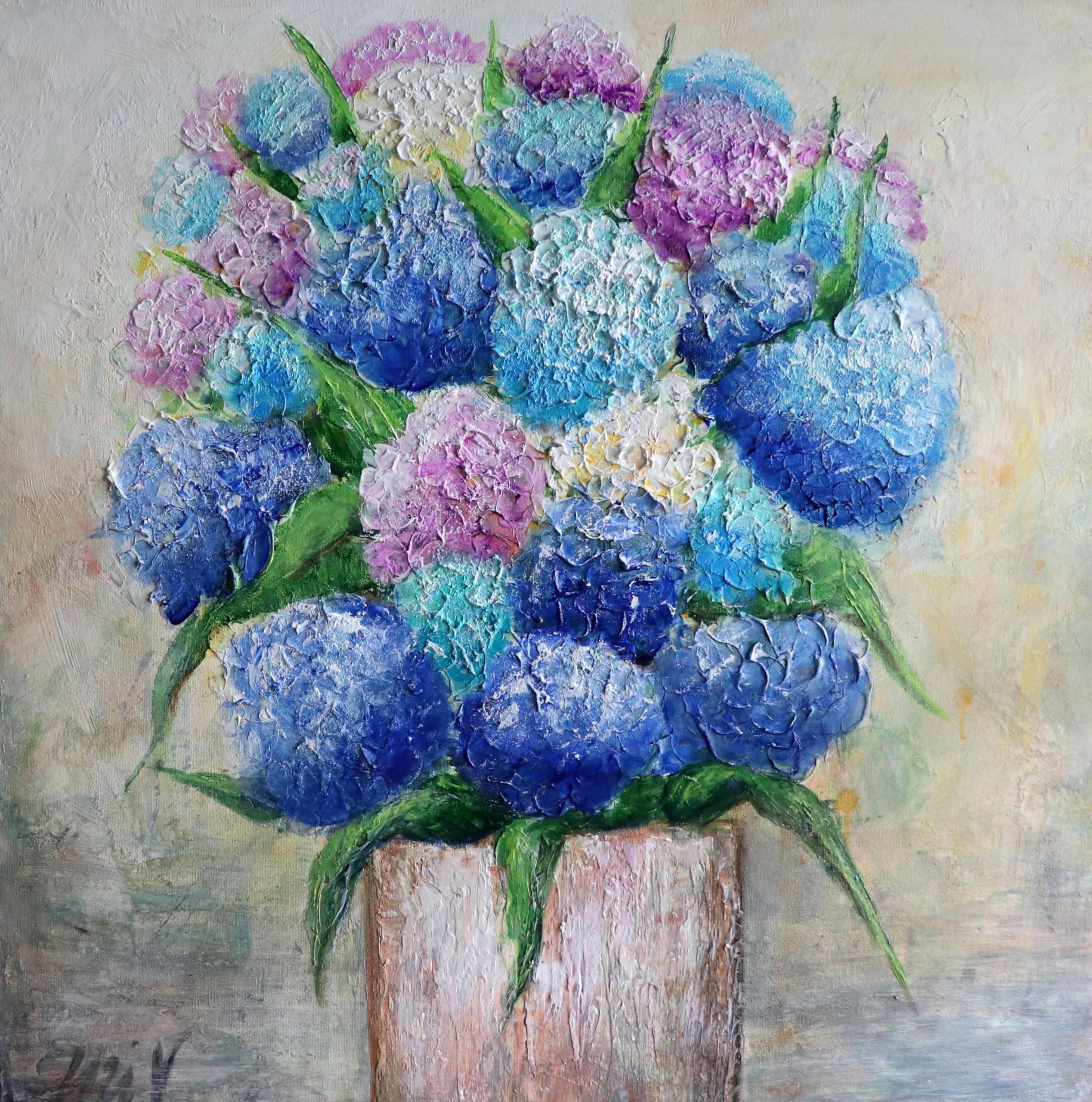 Hydrangea Flowers Blue Lavender White Bouquet in Ceramic Vase, Original Oil Painting