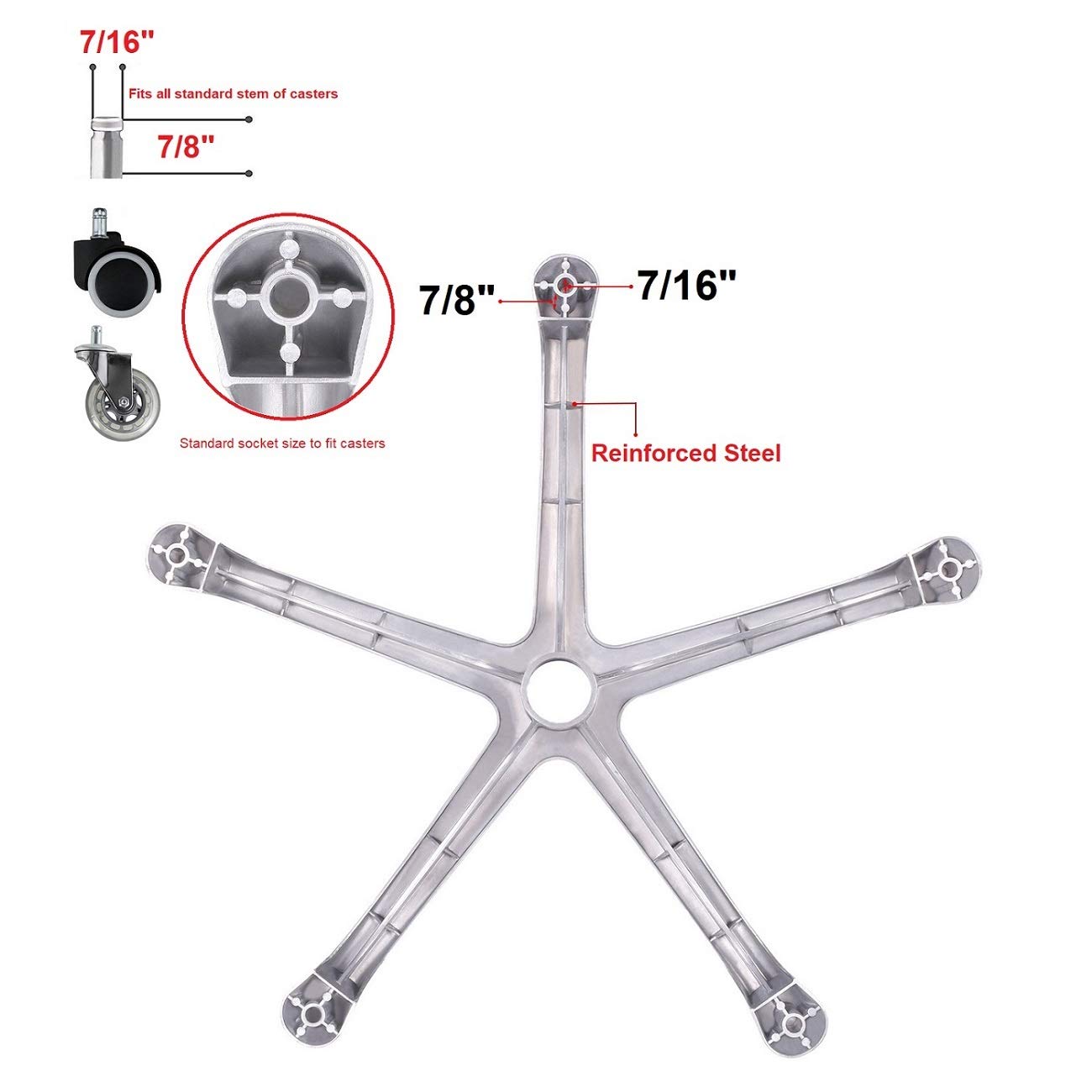Kaleurrier Stool Chair Base,Salon Stool Office Stool Replacement Parts,Reinforced Sturdy Aluminum 5 Legs Base,Heavy Duty Holds up 300 lbs,in Universal Standard Size