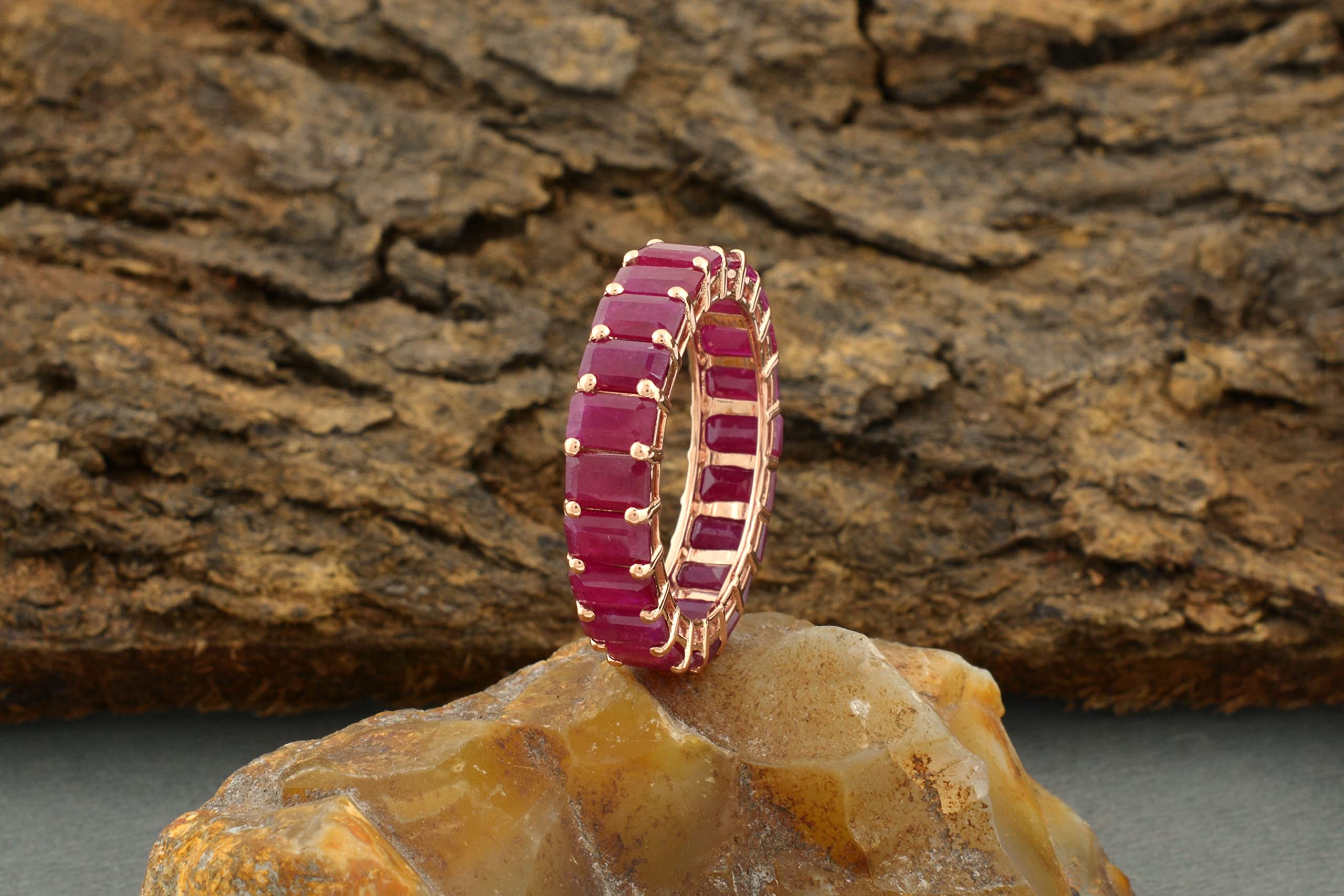 mirahi by chordia jewels Octagon Cut Eternity Band, Women 5x3mm Ruby Stackable Ring, 14k Rose Gold Wedding Band Ring