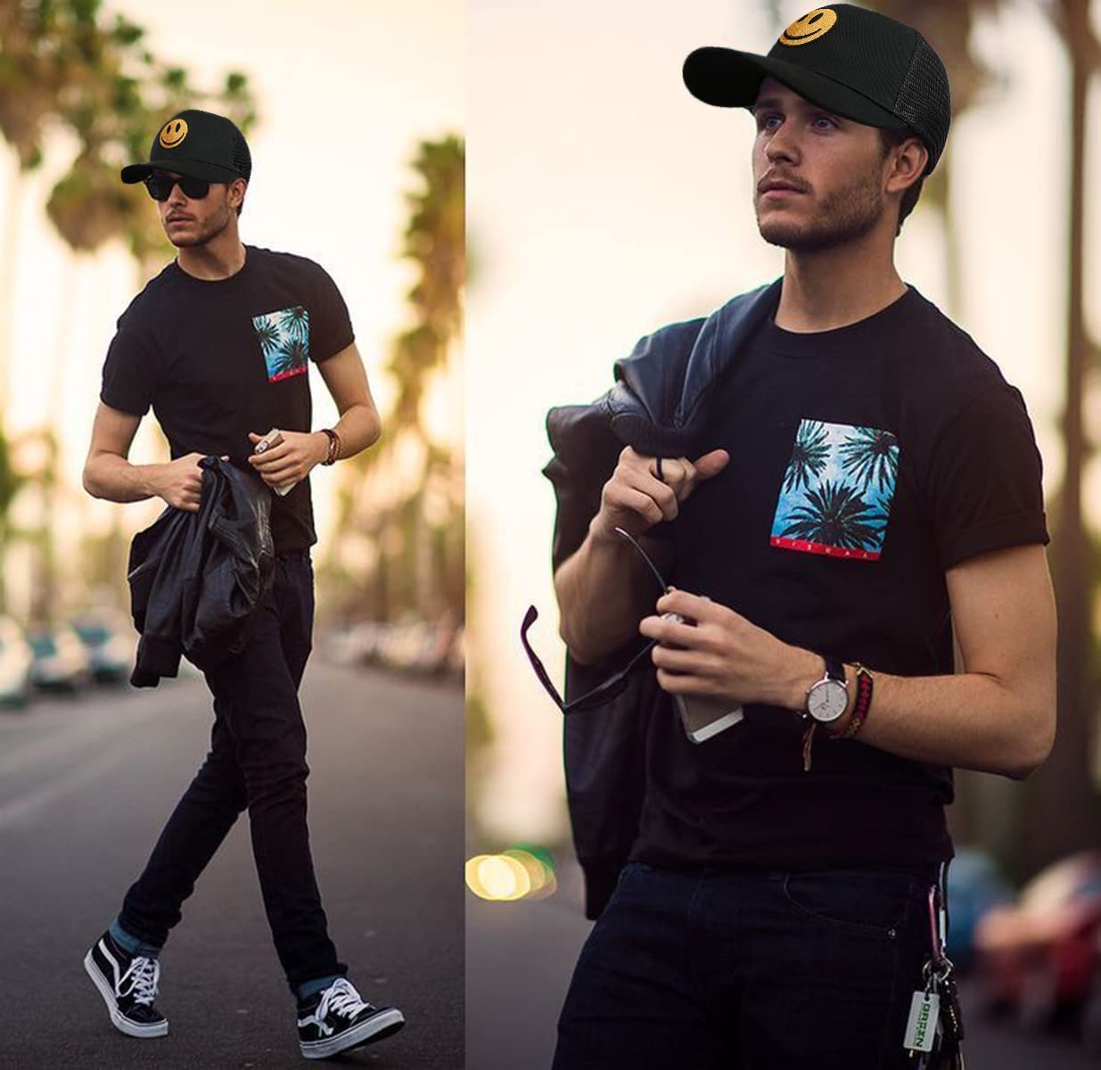 Koesnbre Smile Face Embroidered Black Mesh Trucker Hat for Men and Women, Adjustable Snap Backs Baseball Caps