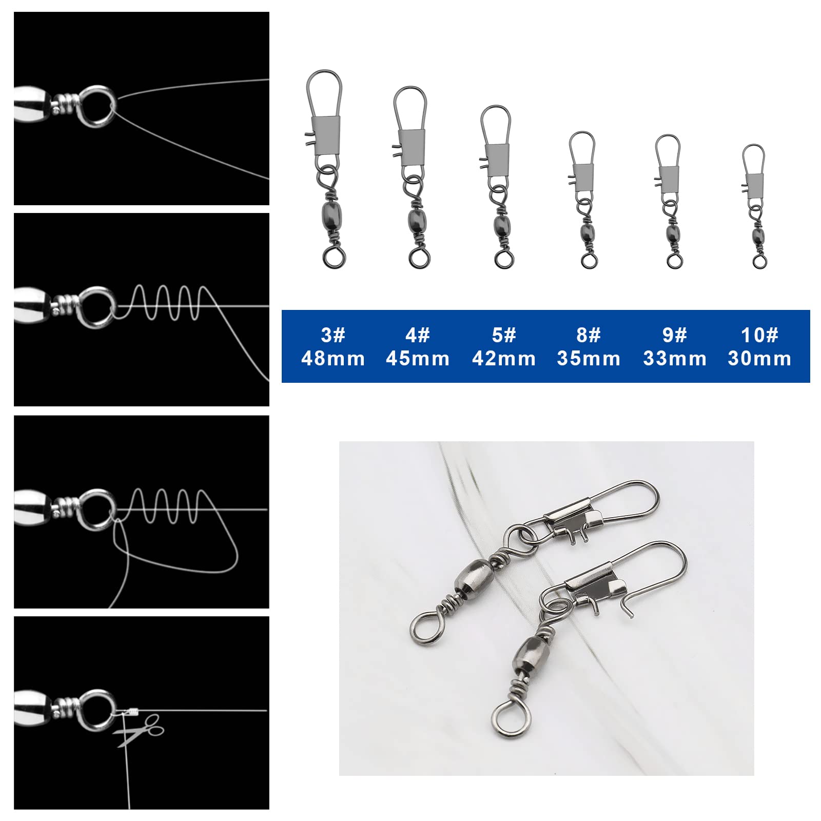 Micro Traders 90PCS Fishing Rolling Swivels with Safety Snaps Quick Change Interlock Barrel Swivels High Strength Tackle for Saltwater Freshwater Size 3# 4# 5# 8# 9# 10#