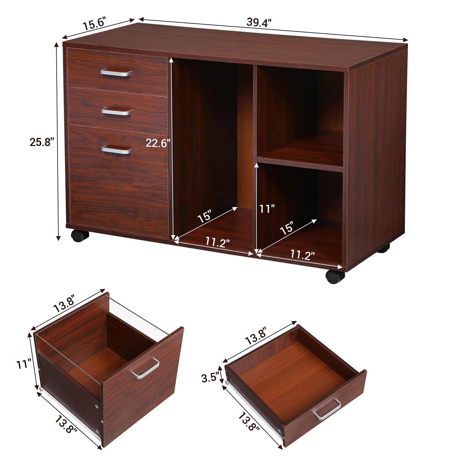 Itaar 39" Wood File Cabinets for Home Office 3 Drawers, Office Printer Stand with Storage, Rolling Lateral Filing Cabinet on Wheels, Cherry Red