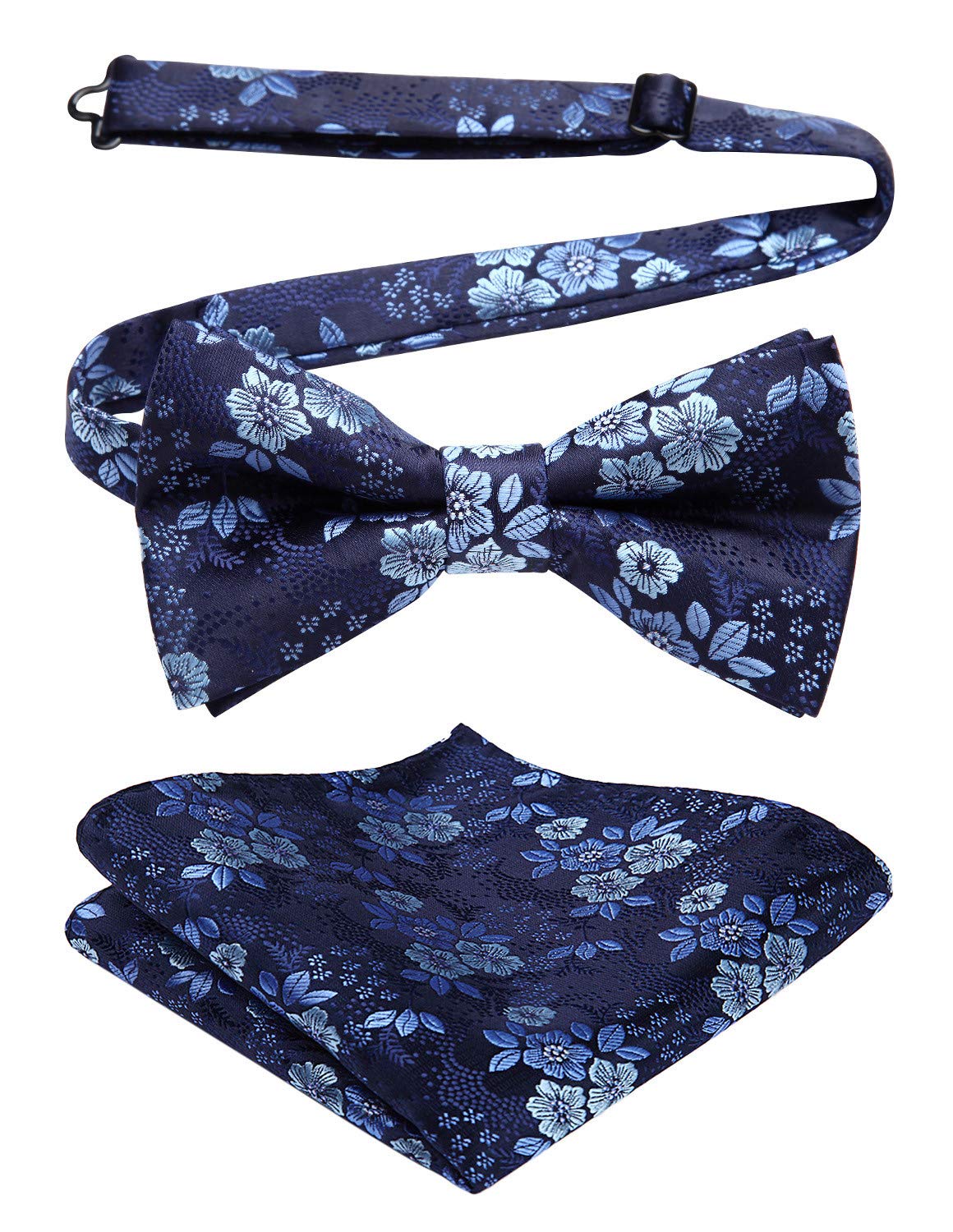 HISDERN Bow Ties for Men Blue Bow Tie Pre-tied Black Paisley Bow Ties and Pocket Square Set Formal Men's Floral Bowtie Classic Bowties for Wedding Party