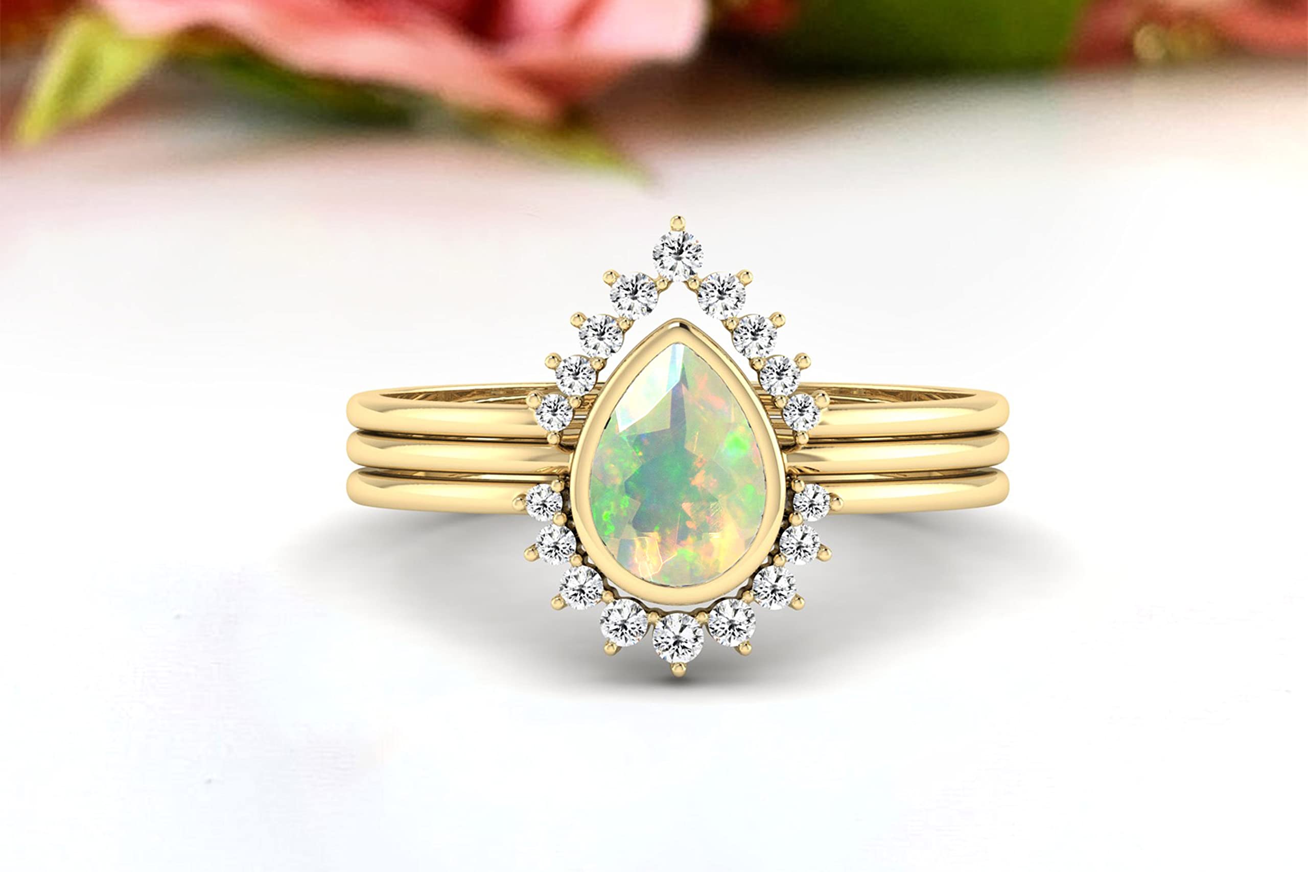 mirahi by chordia jewels Diamond Stackable Ring 14K Yellow Gold, Solitaire Teardrop Opal Engagement Ring, Bridal Sets Wedding Rings with Ring Size 8