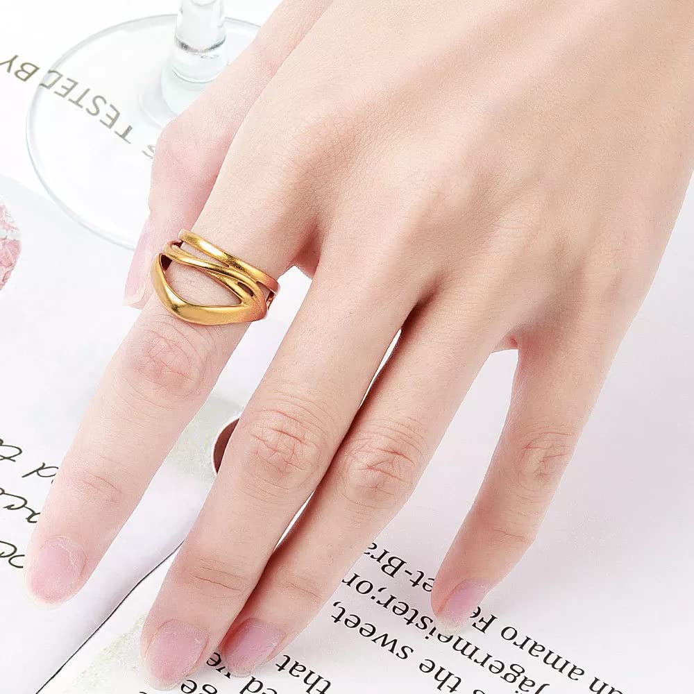 POTESSA Eternity Ring Wedding Bands 18K Gold Plated Cubic Zirconia Emerald Cut Princess Baguette Open Ring