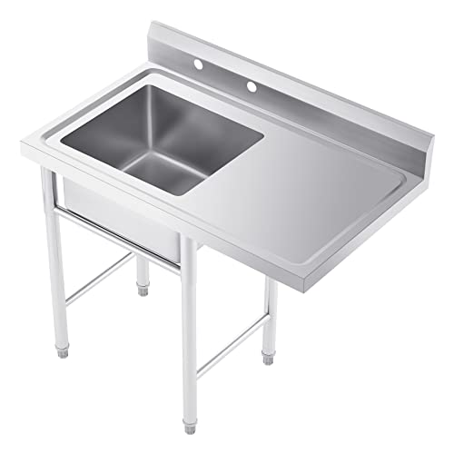 WILPREP Commercial Stainless Steel Utility Sink, Single Compartment Kitchen Sink with Storage Sink Strainer and Splash Guard, Portable Sink with Work Table & Adjustable Feet, 39" W x 24" D