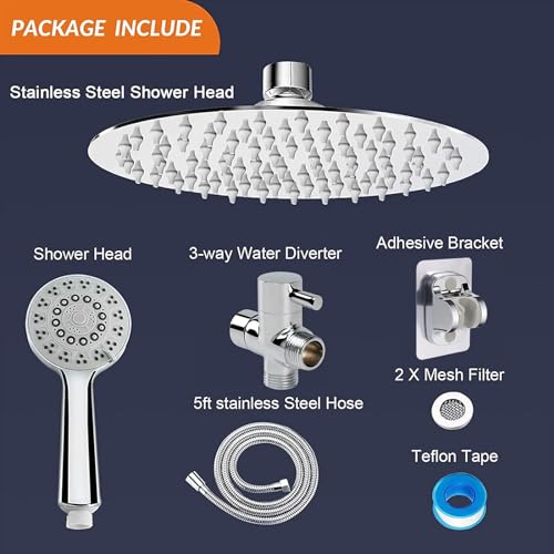 Shower Head with Hose, High-Pressure Stainless Steel 8'' Rain Showerhead and 5 Settings Handheld Shower Spray Combo with Push Button Flow Control for Easy Operation (NearMoon Shower Head Set), Chrome
