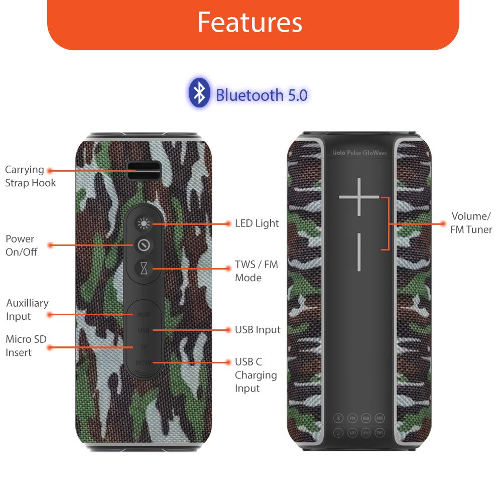 IPX 7 Waterproof Uolo Pulse Glowave Bluetooth & FM Radio Portable Wireless Speaker [16W] Stereo Sound, 24+ Hours Playtime, Built-in Mic & LED colors Lights-Compatible for iPhone, Samsung [Camo]