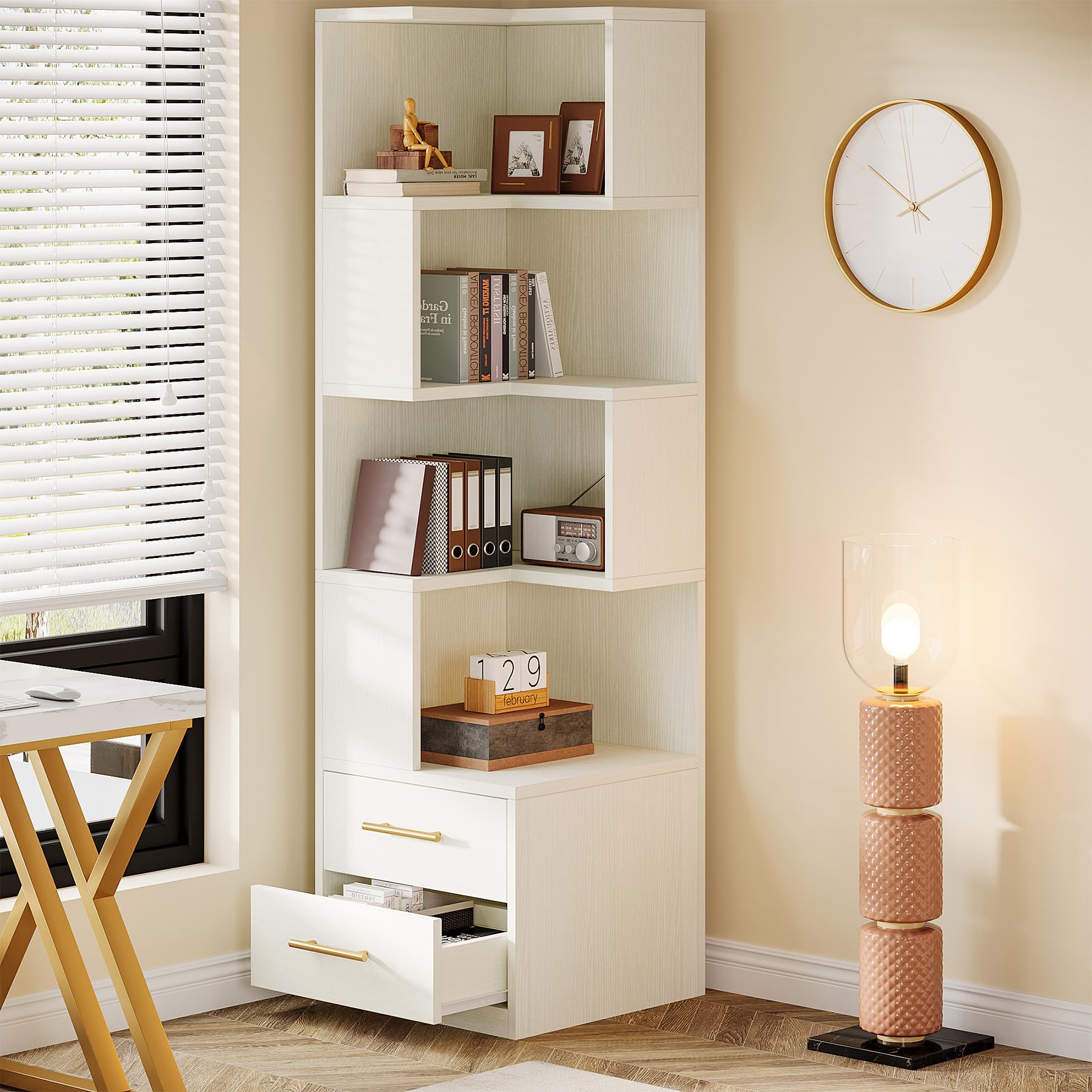 Tribesigns 5-Tier Corner Bookshelf with 2 Drawers, 66.9-Inch Tall Corner Bookcase Shelf, Modern Simple Corner Storage Cabinet Display Rack Shelf for Living Room, Home Office, Beige