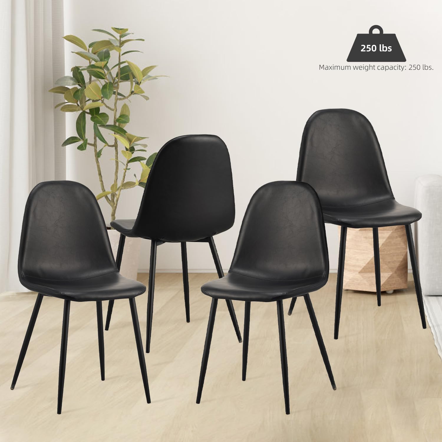 JALOURT Dining Chairs Set of 4,PU Leather Dining Chairs,Modern Upolstered Kitchen Chairs with Metal Legs,Side Chair for Dining Room, Living Room,Kitchen,Black