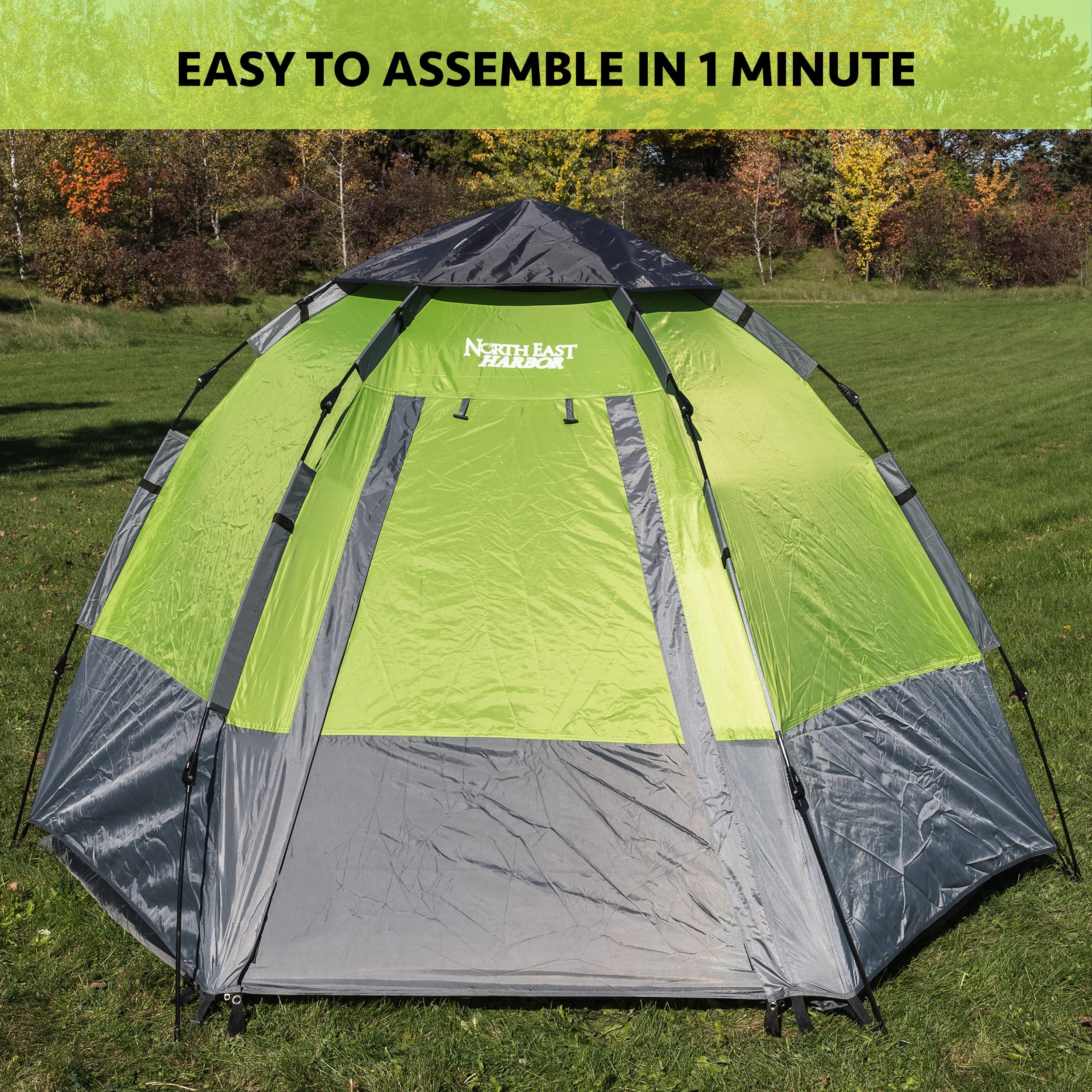 NEH 5-Person Camping Tent Instant Setup Waterproof Double Layered Material, Green, 8.9'L x 8.9'W x 5.25'H, Portable Carry Bag Included