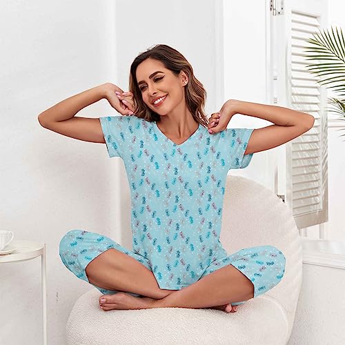 Women Summer Pajamas Soft Sleepwear Top with Capri Pants Ladies Short Sleeve Cotton Pajamas Sets Blue Butterfly X-Large