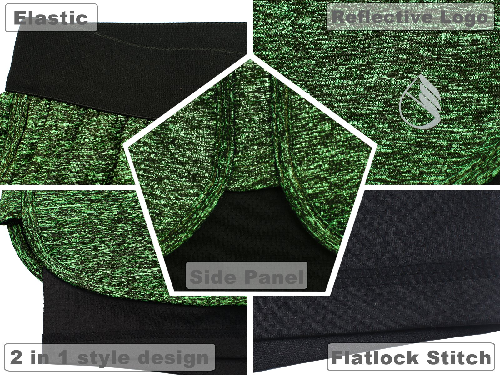 icyzone Running Yoga Shorts for Women - Activewear Workout Exercise Athletic Jogging Shorts 2-in-1 (Black Heather/Green Heather, L)