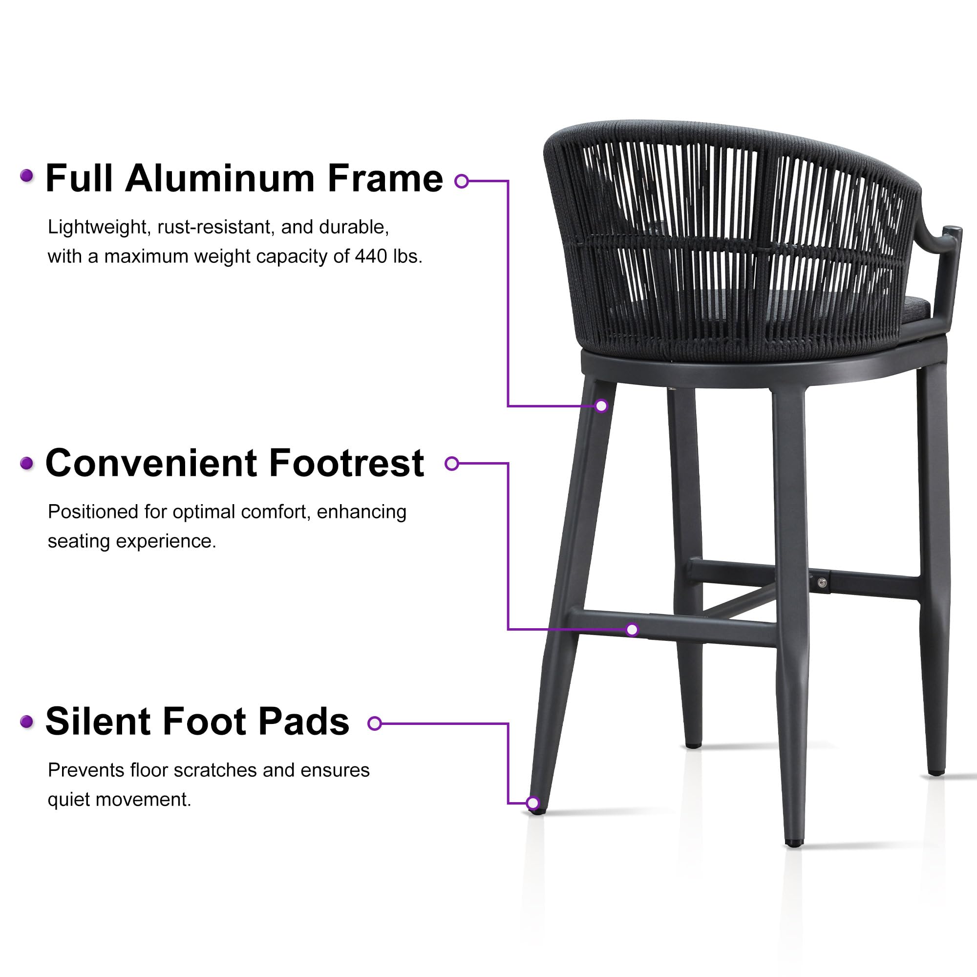PURPLE LEAF Patio Bar Stools Set of 2 Outdoor Wicker Modern High Bar Chairs Metal Cushioned Barstools with Backs and Ergonomic Armrest for Balcony Garden Indoor Kitchen Island, Gray