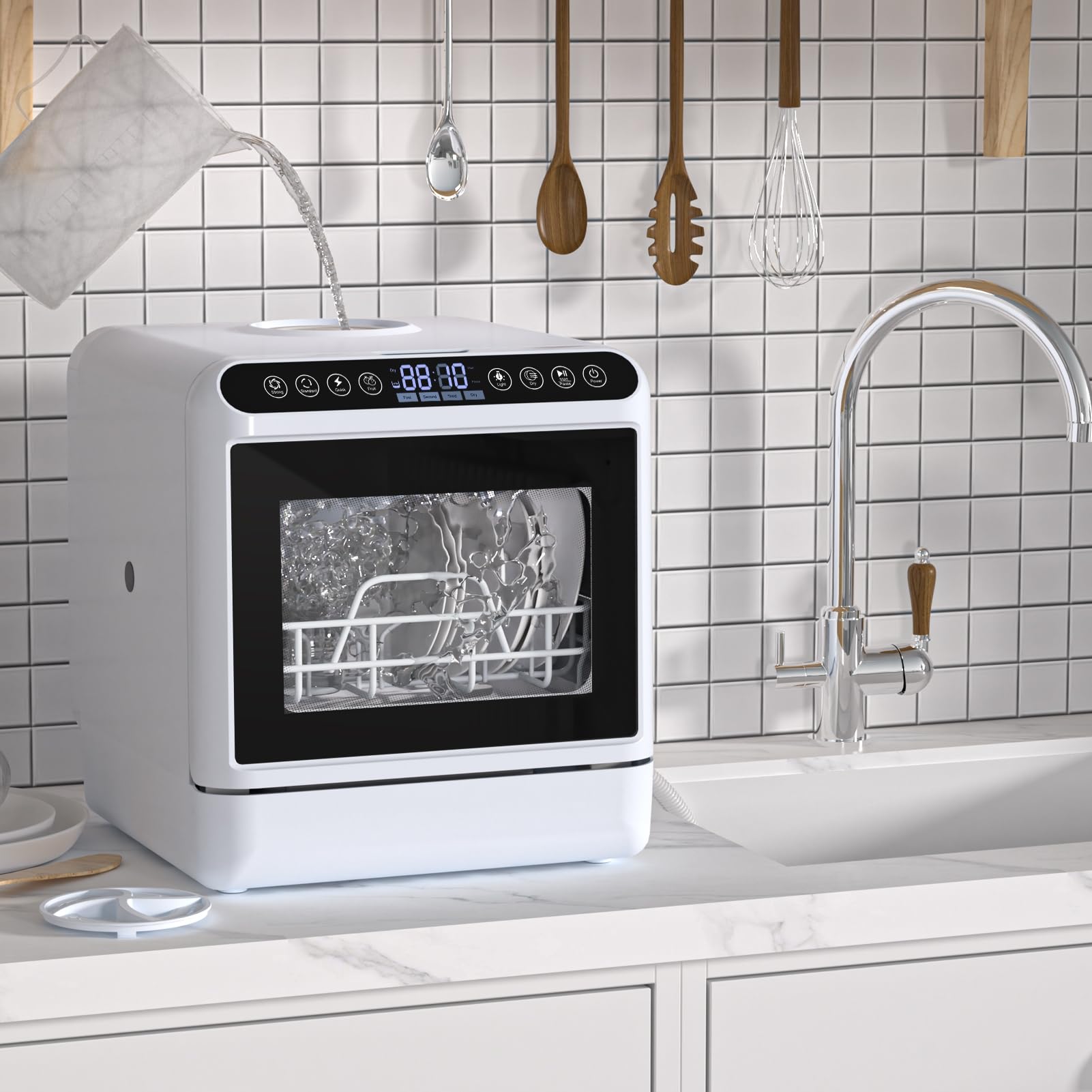ymtiolze Portable Dishwasher Countertop with 5L Built-in Water Tank, No Hookup Needed, 6 Programs,360° Dual Spray,High-Temp& Air-Dry Function,Mini Dishwasher for RVs White