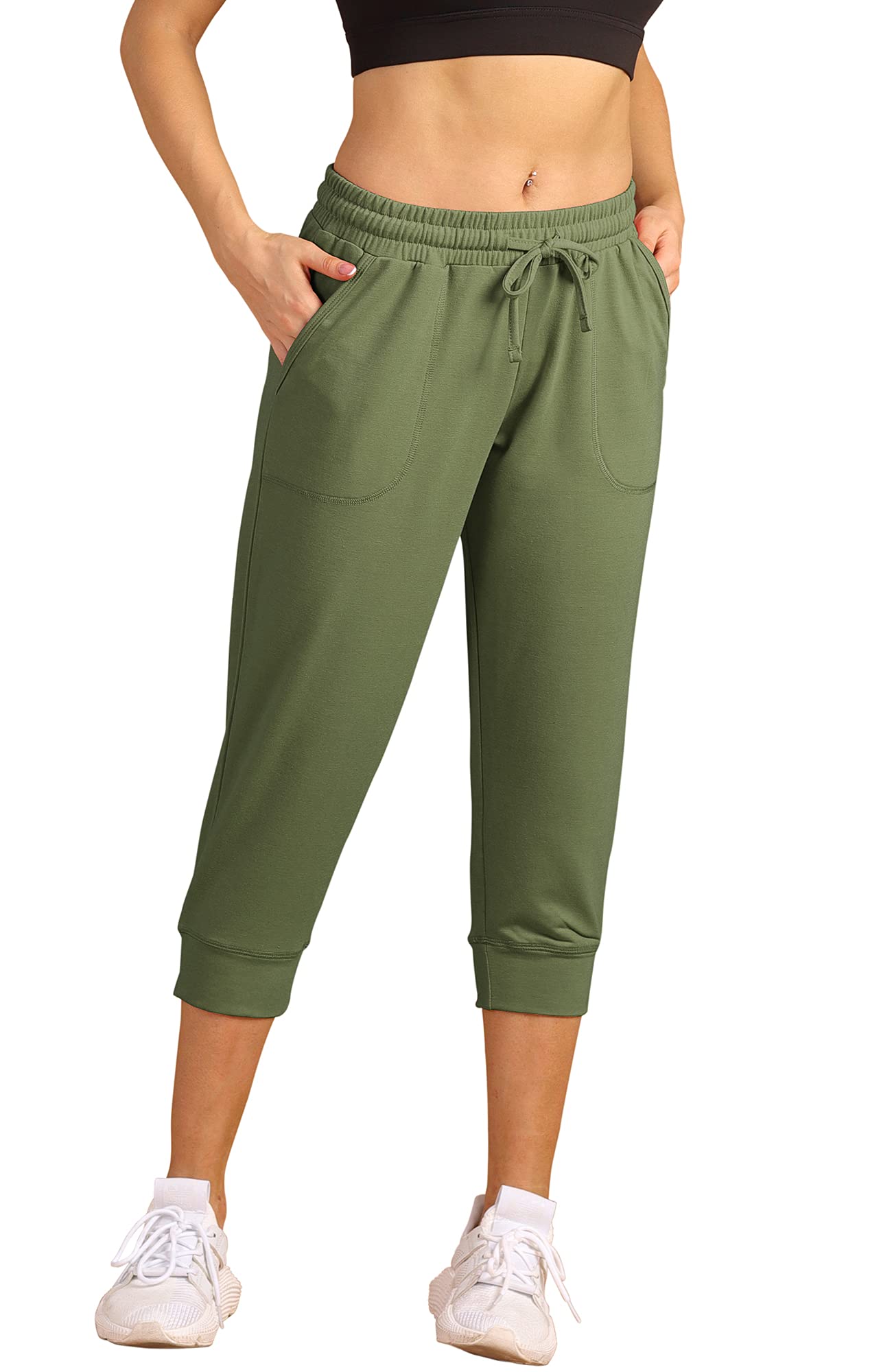 icyzone Women's French Terry Jogger Lounge Sweatpants - Active Capri Pants for Women (Army, M)