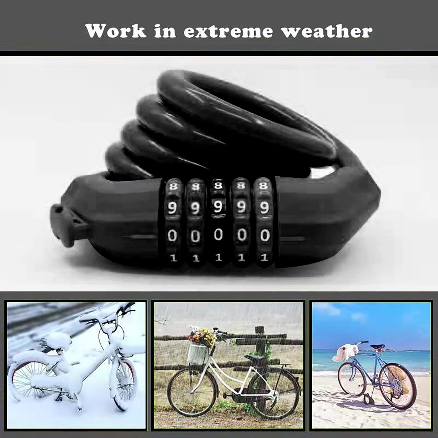 IDEALUX Bike Lock Cable, 4 Feet Resettable Cable Lock, Self Coiling 5 Digit Combination Bike Lock, Pefect for Locking Motocylce E Bike Scooter Skatebord (Black)