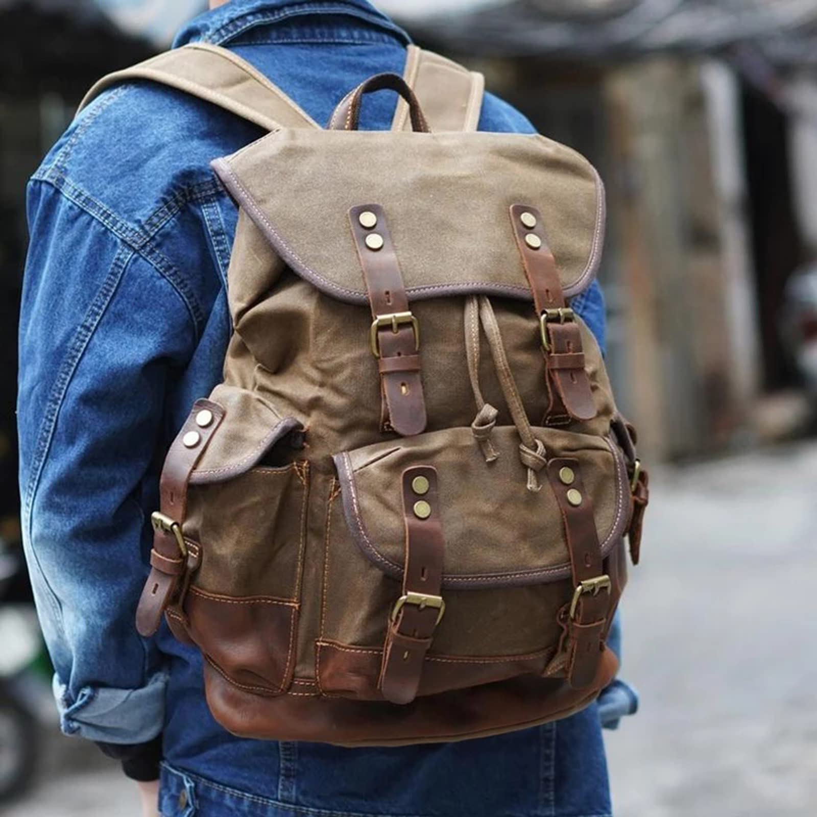 liuwei Vintage Travel Backpack for Men, Genuine Leather-Waxed Canvas Hiking Rucksack,Large capacity Waterproof Daypacks,Gray
