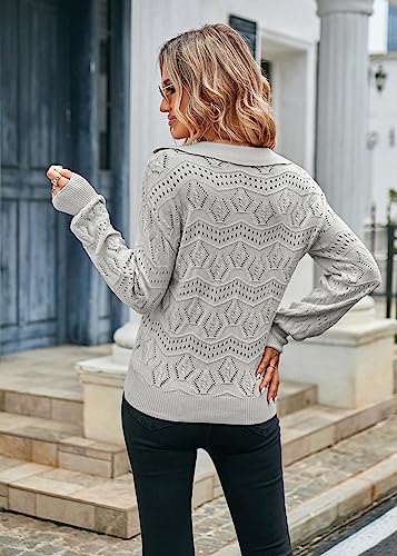 Women's 2023 Fall Lapel Collar V Neck Long Sleeve Knitted Comfy Loose Casual Pullover Sweater Jumper Top Grey L
