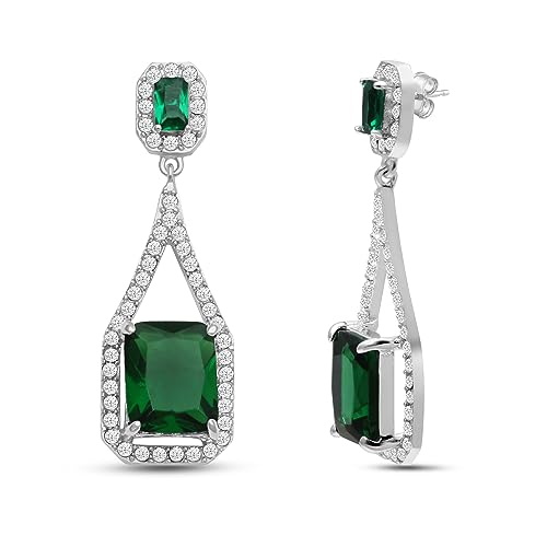Jewelili Sterling Silver Octagon Simulated Emerald and Round White Clear Crystal Dangle Earrings