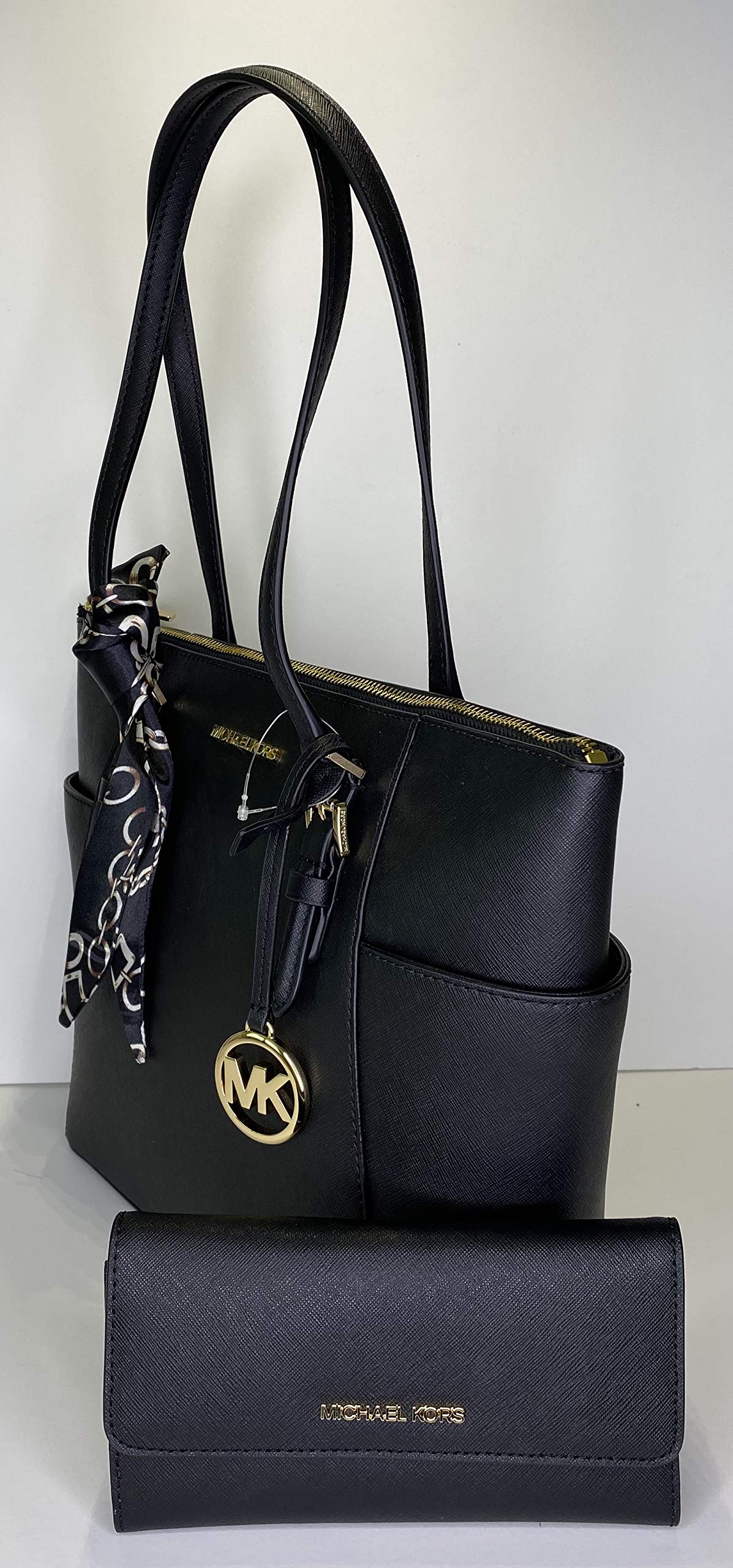 Michael Kors Charlotte Large Zip Tote bundled with matching Trifold Wallet Purse Hook (Signature MK Vanilla/Pink)