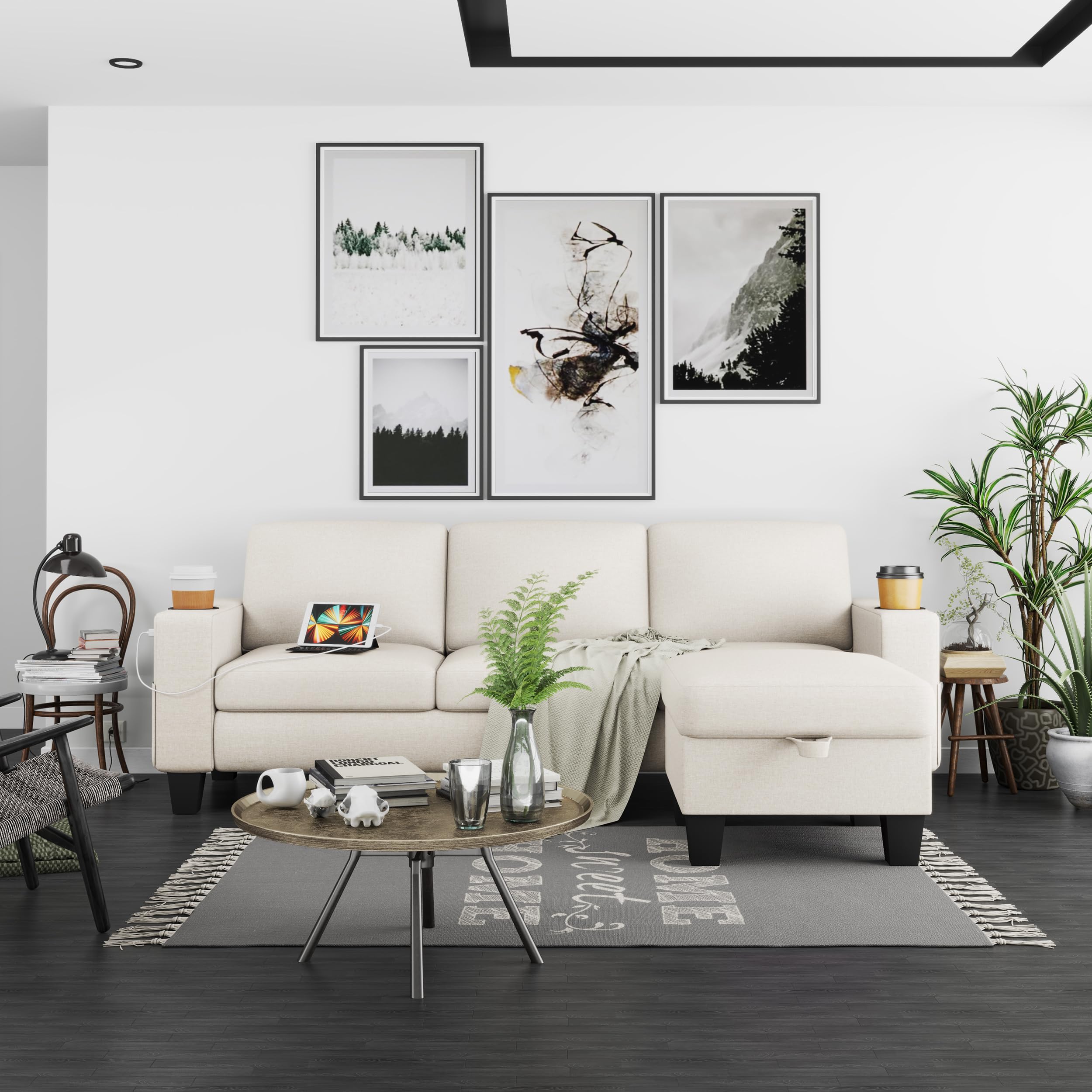 ZeeFu Convertible Sectional Sofa Couch: 3 Seat L-Shaped Small Sectional Sofa Couches with Storage Ottoman - Modern Black Velvet Upholstered Sofa Set for Living Room Office Small Space Apartment