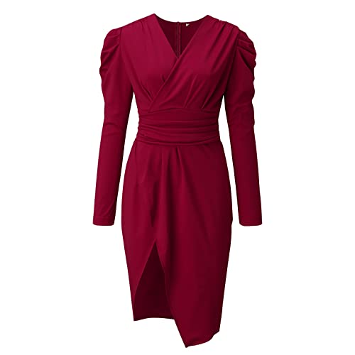 Pinkpaopao Ruched Wasited Split Dress for Women Solid Color Puff Long Sleeve Zipper Dress Deep V Neck Wrap Dress