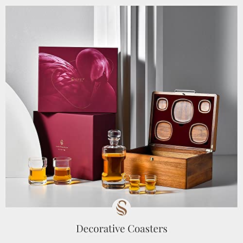 Whiskey Decanter Set with Acacia Wood Storage Box, Whiskey Glasses, Shot Glasses, and Wooden Drink Coasters, Luxury Home Bar Gift Bundle for Men and Women