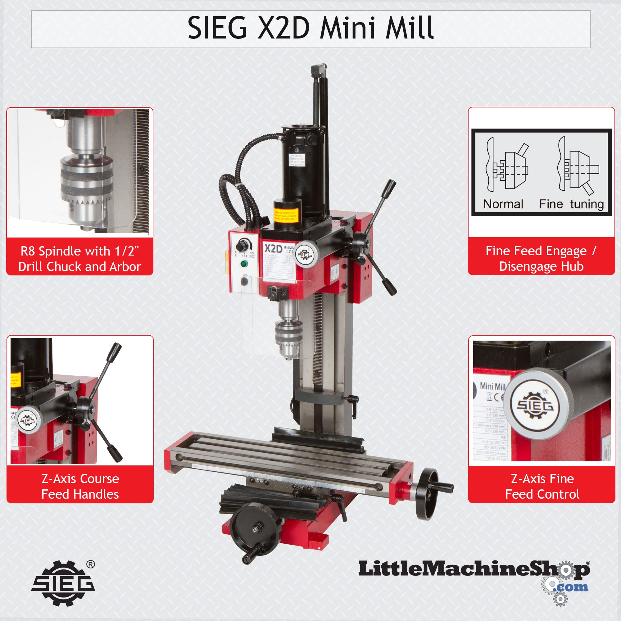 SIEG Mini Mill X2D - 350 Watt Variable Speed include R8 Spindle Taper, LittleMachineShop.com