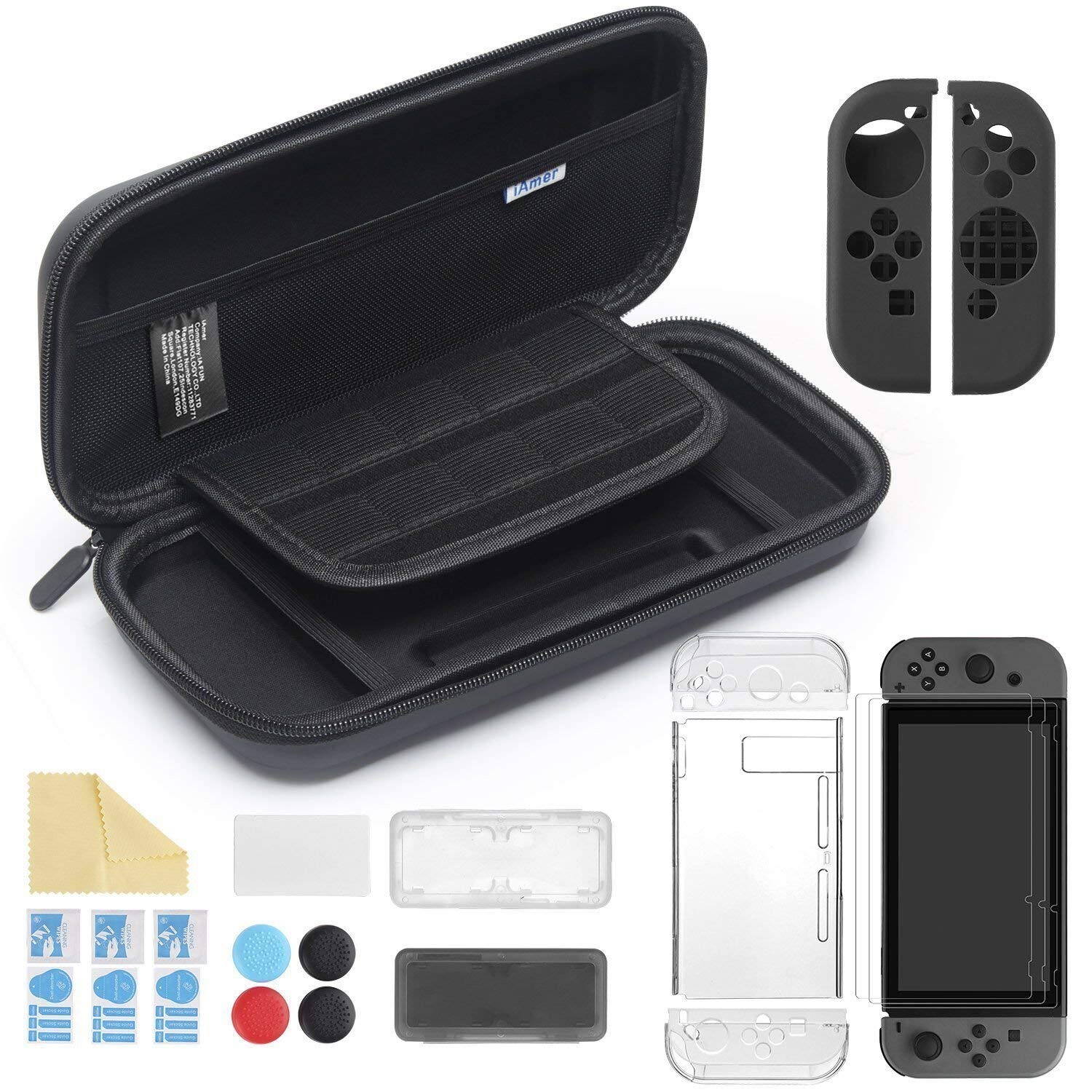 iAmer Accessories for Nintendo Switch 11 in 1 Starter Kits,Include Carrying Case for Switch,Protective Cover,Tempered Glass Screen Protector,Silicone Cover for Joy Con,Thumb Grips Caps,Game Card Case
