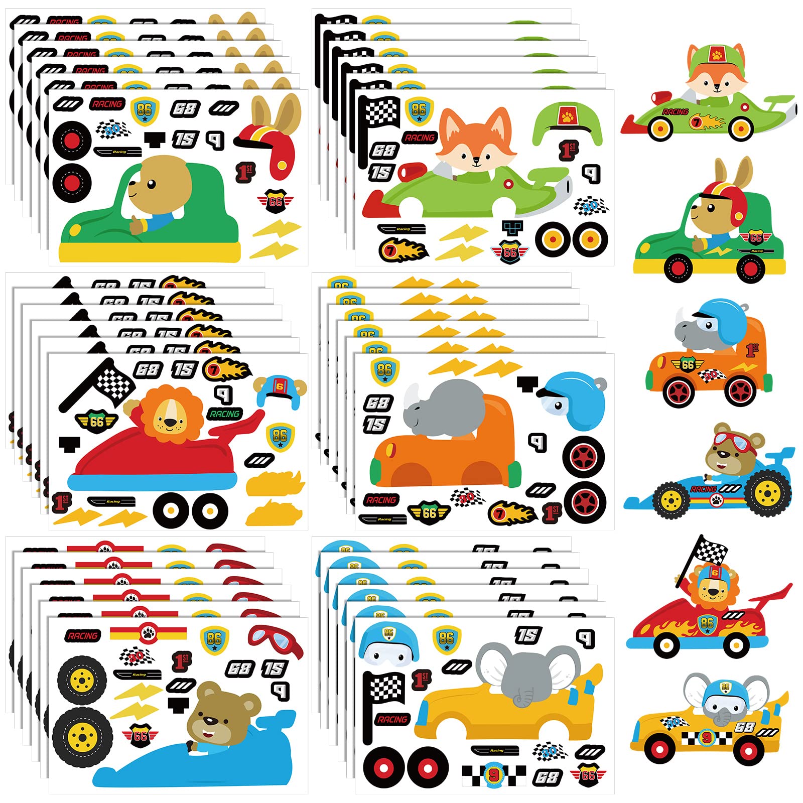 Ireer 36 Sheets Car Stickers for Kids Make Your Own Car Stickers, 6 Styles Cartoon Racing Car Stickers for Race Car Themed Birthday Party Supplies Rewards Toy Art Craft Activities